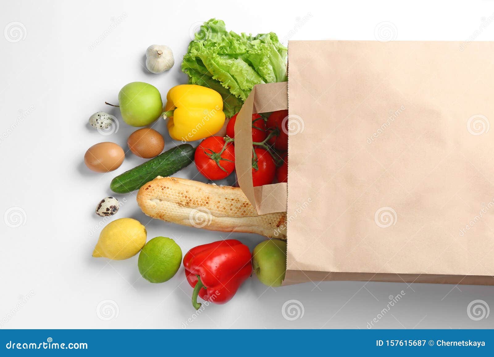 Paper Bag with Different Groceries on Background, Top View Stock Image ...
