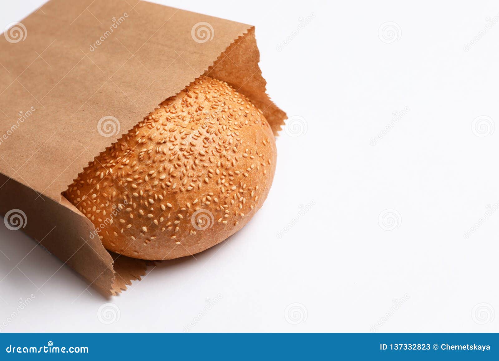 Paper Bag with Sesame Bun on White Background. Stock Image - Image of ...