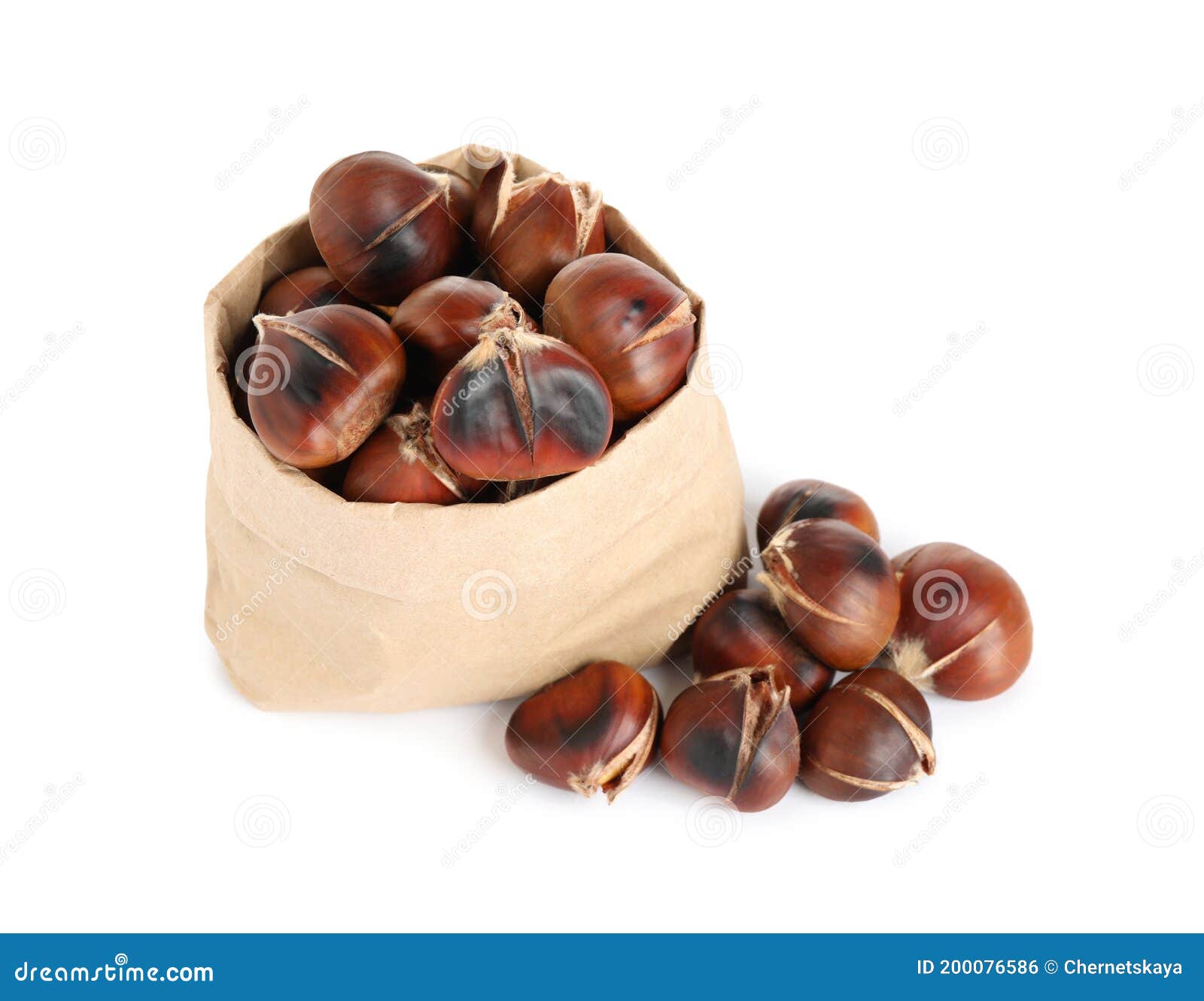 Paper Bag with Tasty Roasted Edible Chestnuts on White Background Stock ...