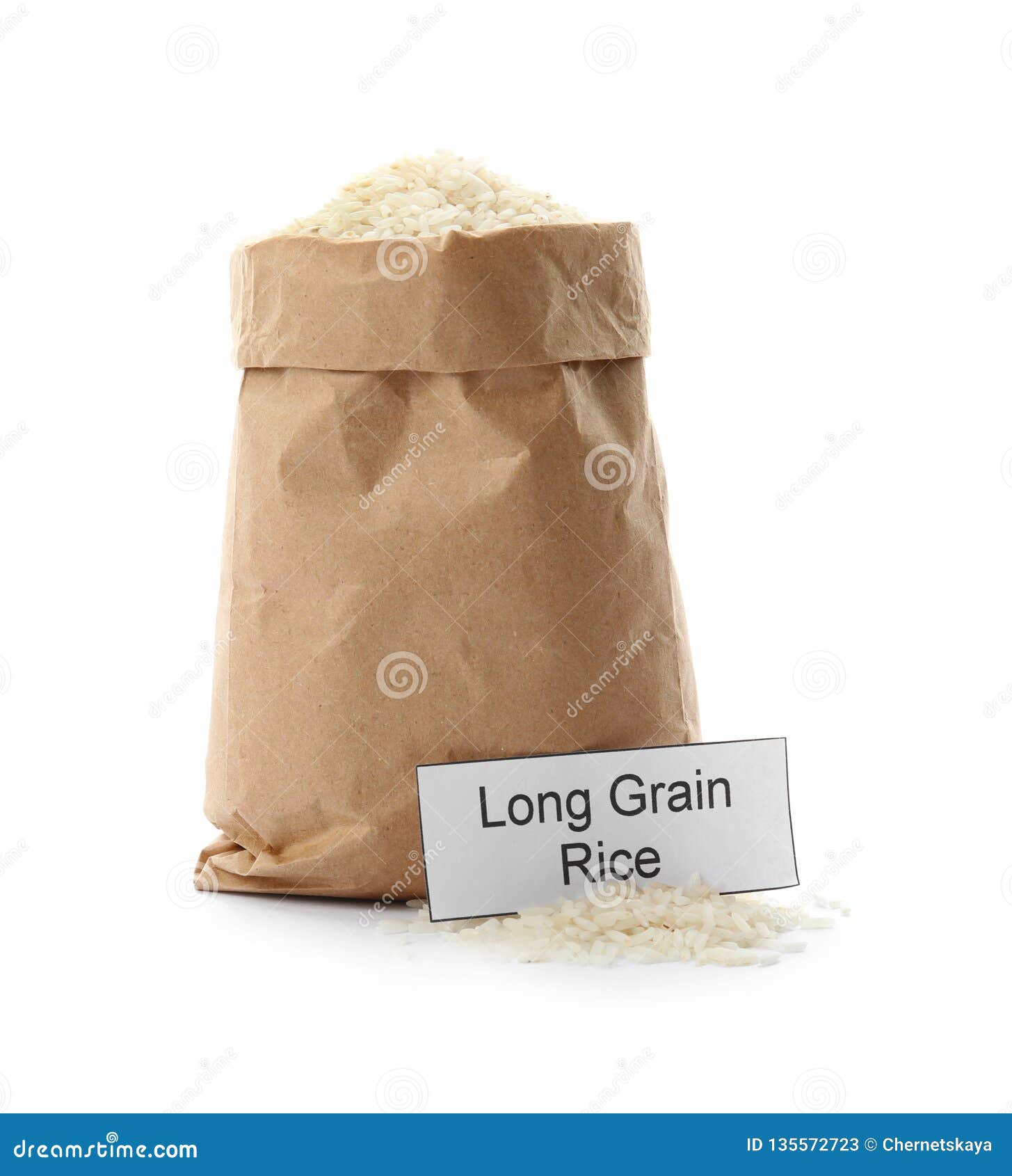 Paper Bag with Uncooked Long Grain Rice and Card on White Stock Image ...
