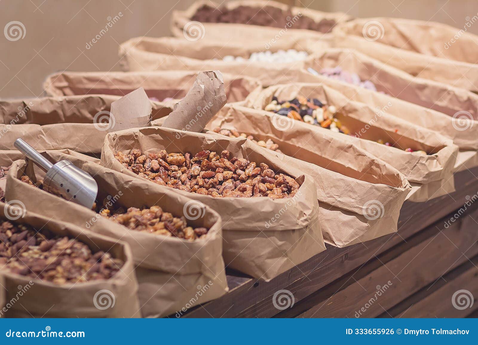 Paper Bags with Various Nuts on the Counter Stock Photo - Image of ...