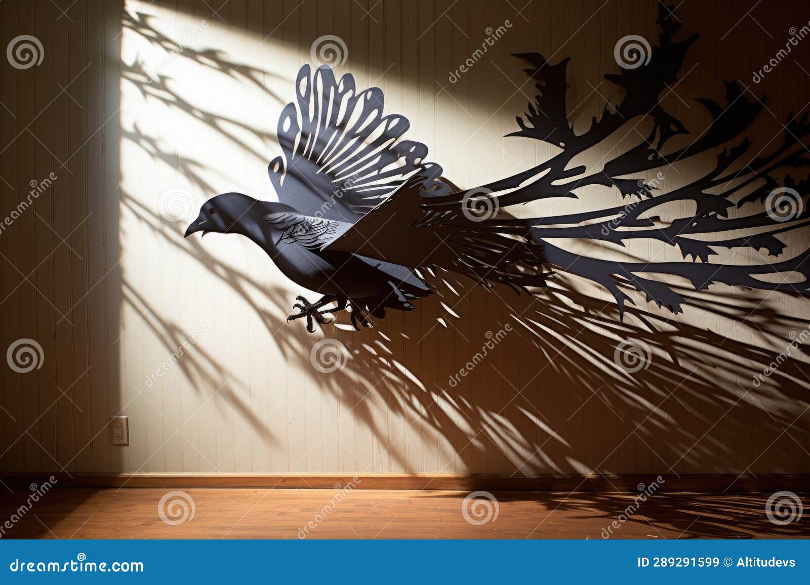 Paper Bird Cut-outs Casting Shadow Patterns on a Wooden Surface Stock ...