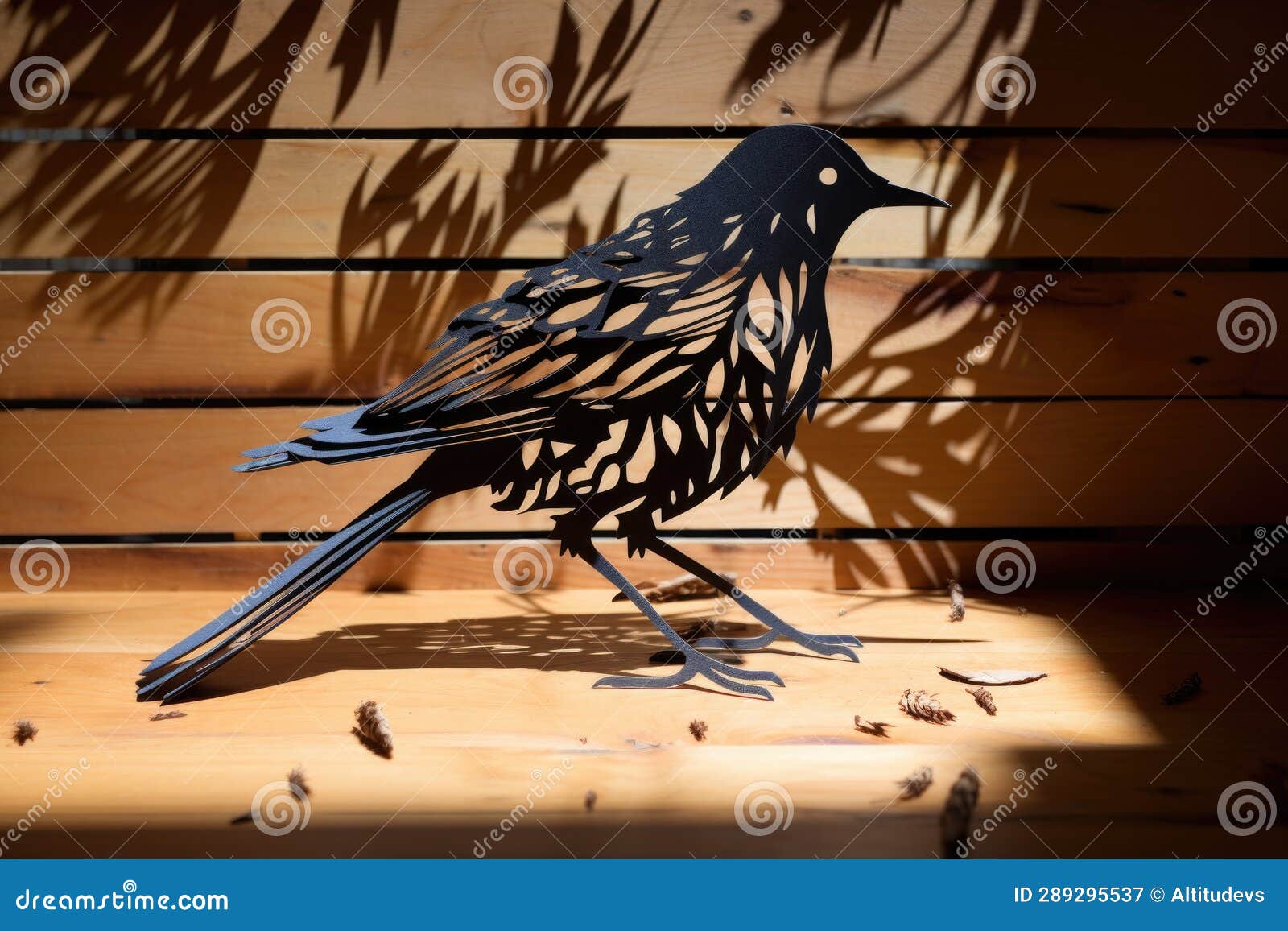 Paper Bird Cut-outs Casting Shadow Patterns on a Wooden Surface Stock ...