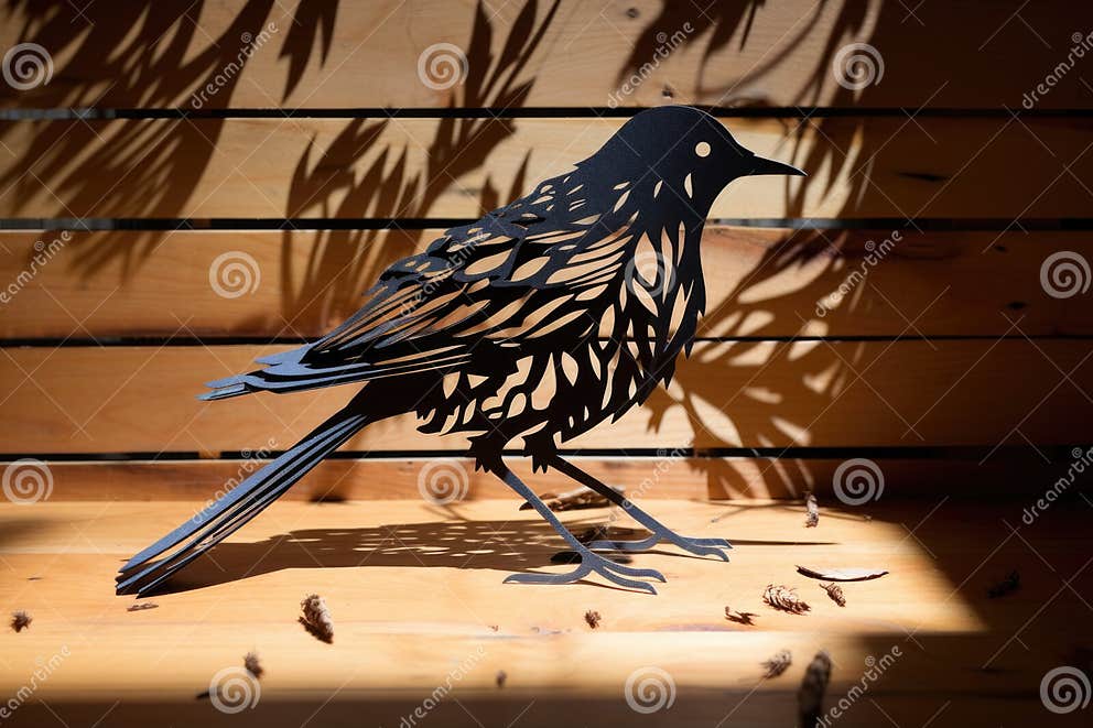 Paper Bird Cut-outs Casting Shadow Patterns on a Wooden Surface Stock ...