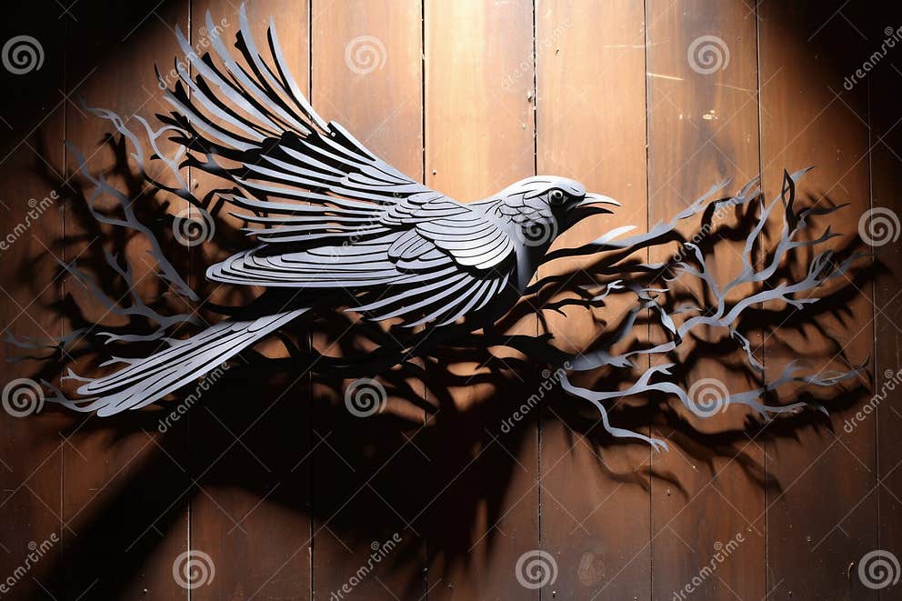 Paper Bird Cut-outs Casting Shadow Patterns on a Wooden Surface Stock ...