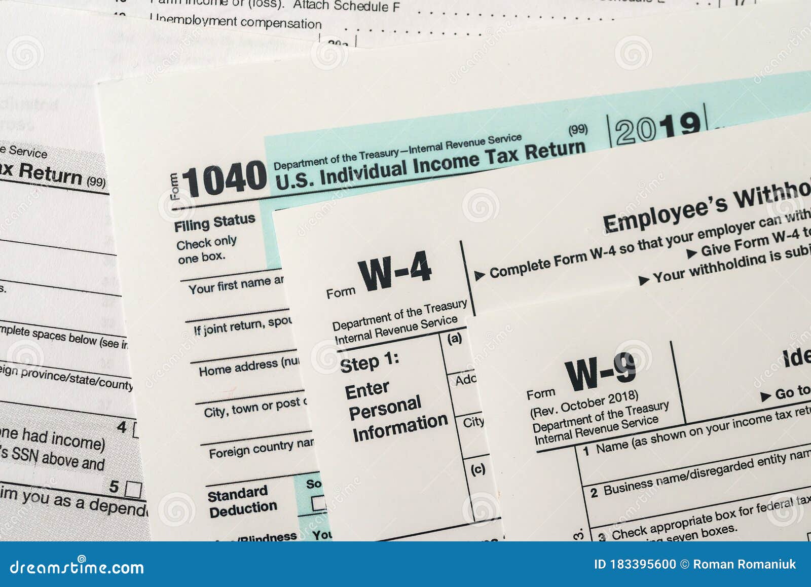 Paper Blanks of 1040, W4 and W9 Tax Form Close Up Editorial Image ...