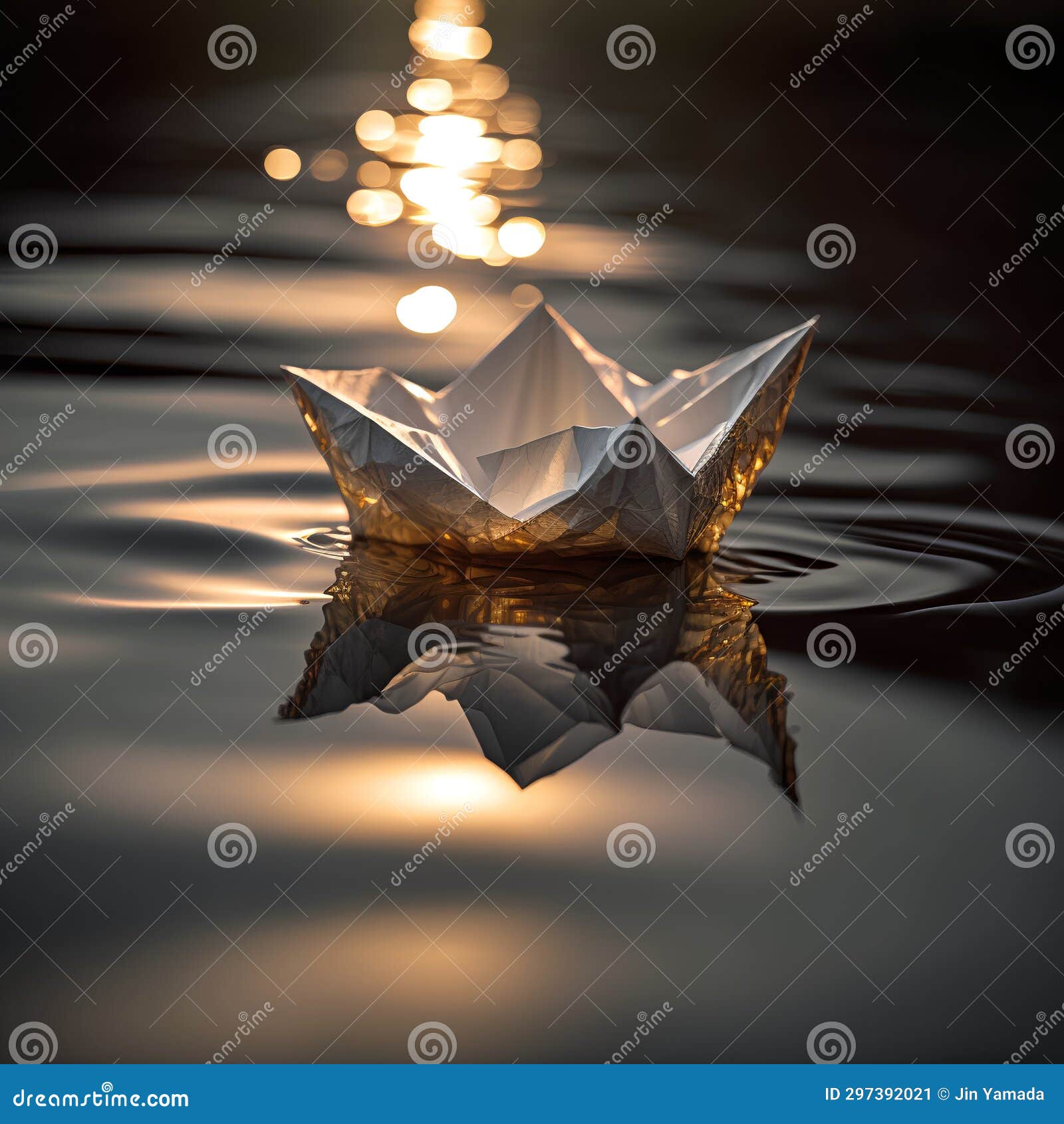 Paper Boat Floating on the Water with Reflection and Bokeh Background ...