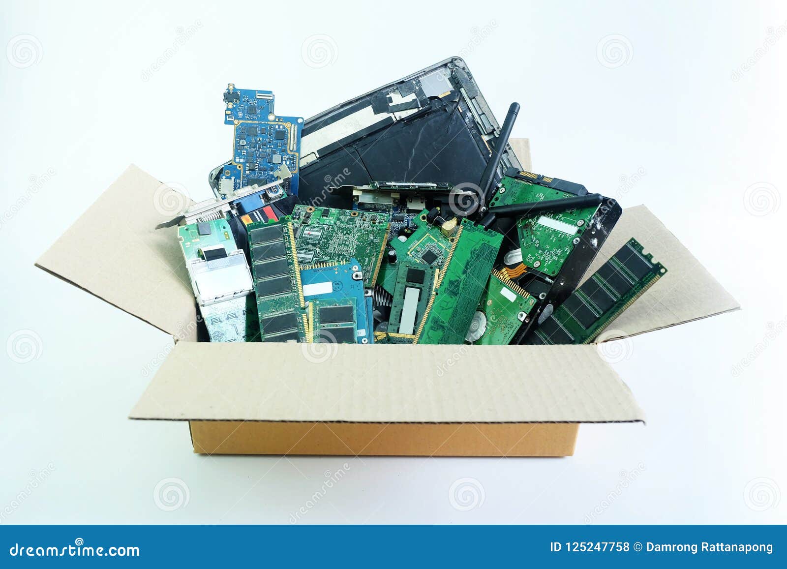 Paper Box with Computer Hardware Part Electronic Waste Isolated on ...