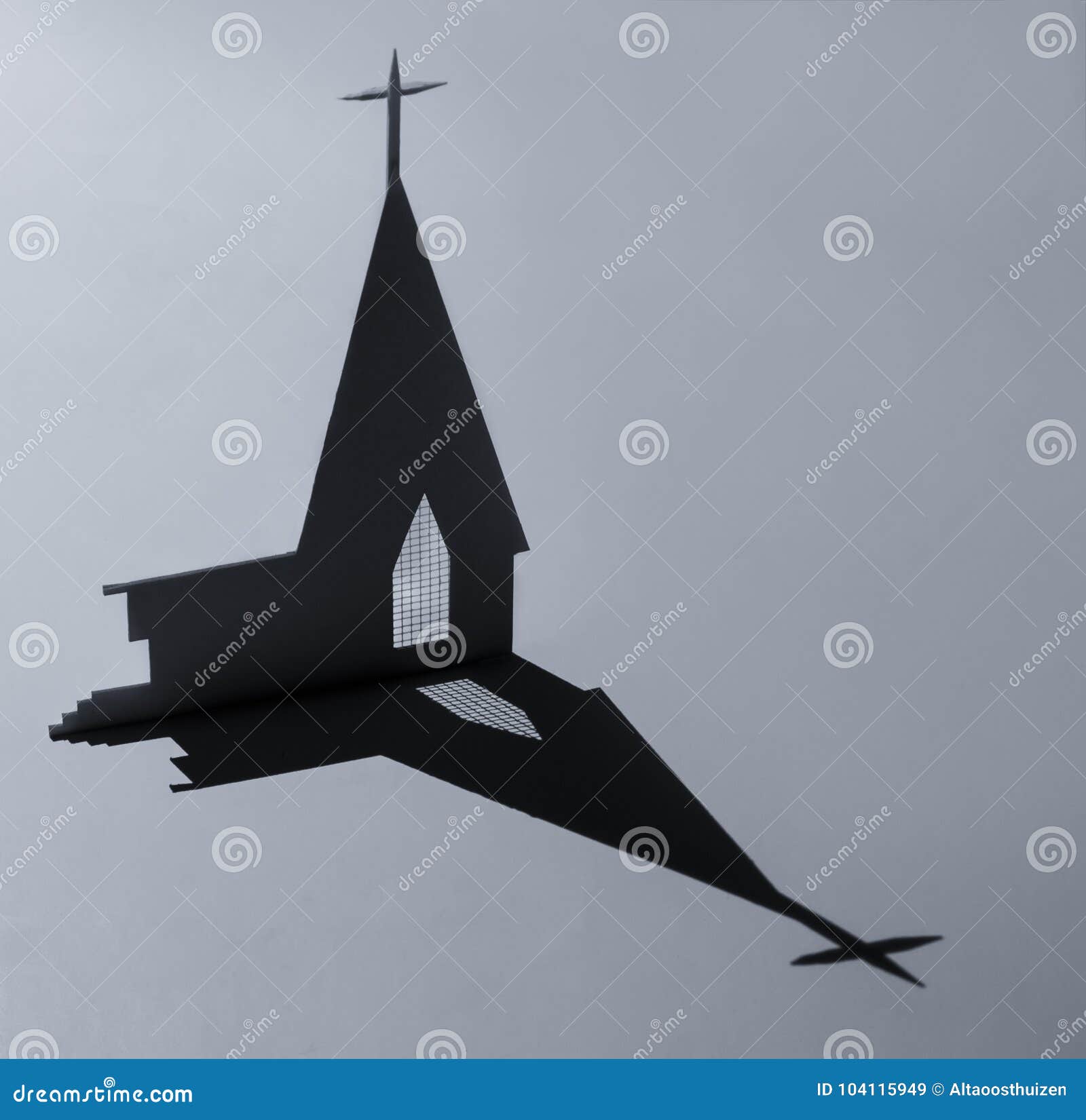 Paper Church with Shadow from a Spotlight in Studio on Grey Bacground ...