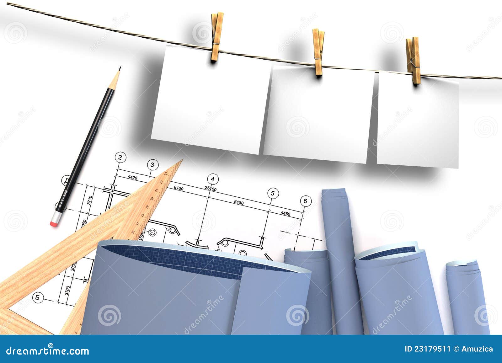Paper on Clothesline and Architectural Project Stock Image - Image of ...