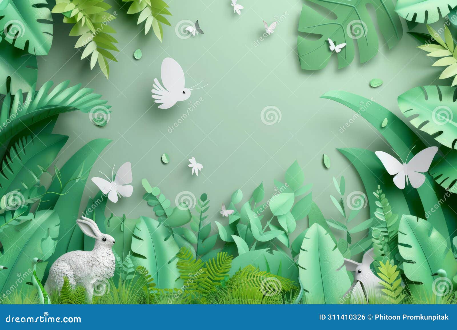 A Paper Collage of a Forest with a Rabbit and Butterflies Stock ...