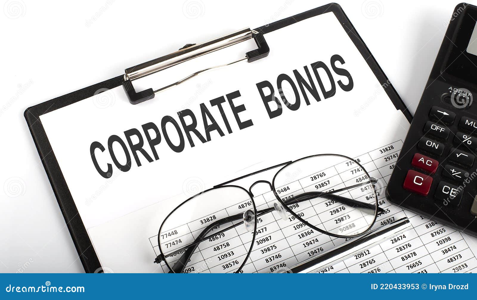 Paper with Corporate Bonds on a Table with Calculator and Glasses Stock ...