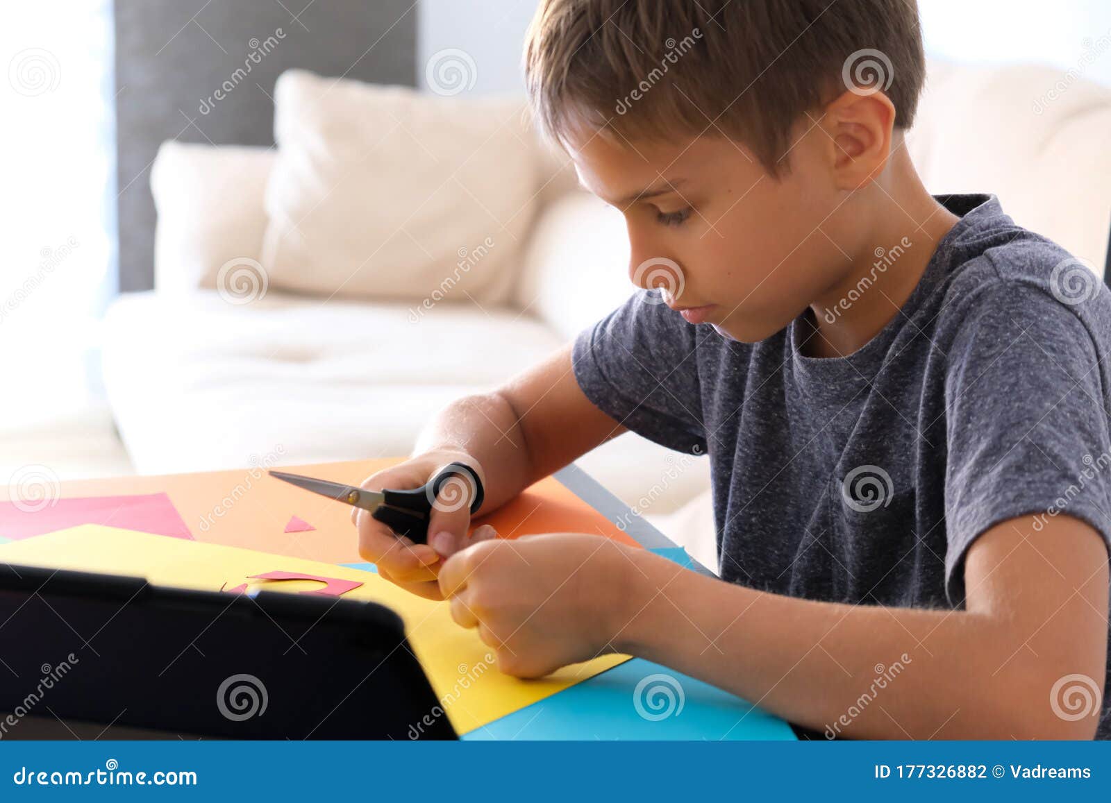 Education, Paper Crafts for Kids. Child Cutting Colored Paper with ...