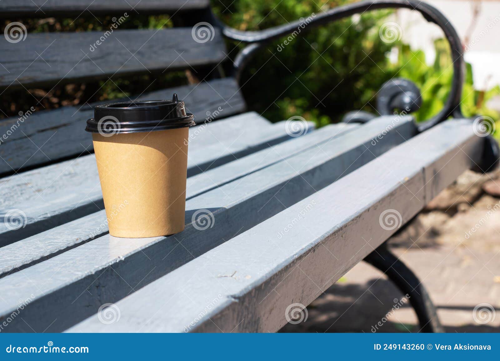 Paper Cup with Coffee on Park Bench, Copy Space Stock Photo - Image of ...