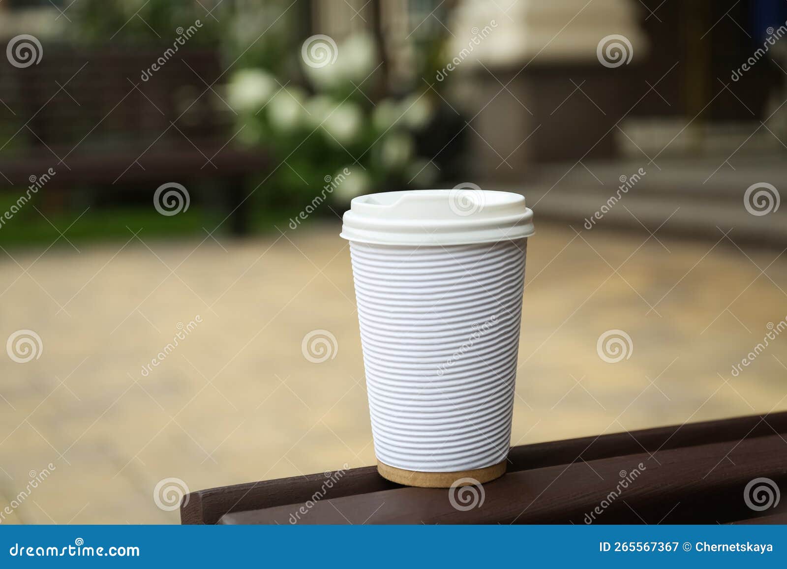 Paper Cup of Coffee on Wooden Bench Outdoors. Takeaway Drink Stock ...
