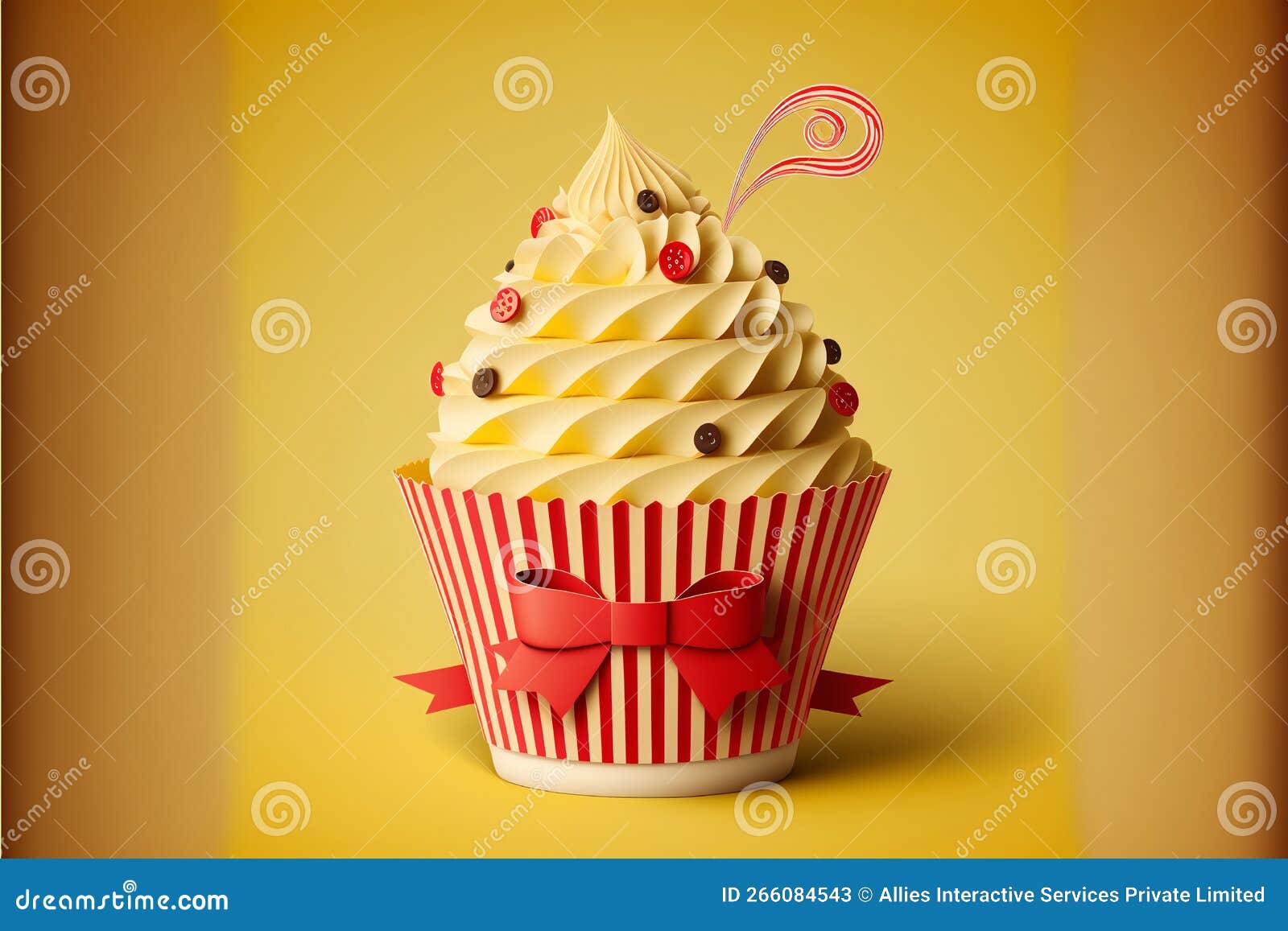 Paper Cupcake with Red Bow Ribbon on Yellow Background. 3D Stock ...