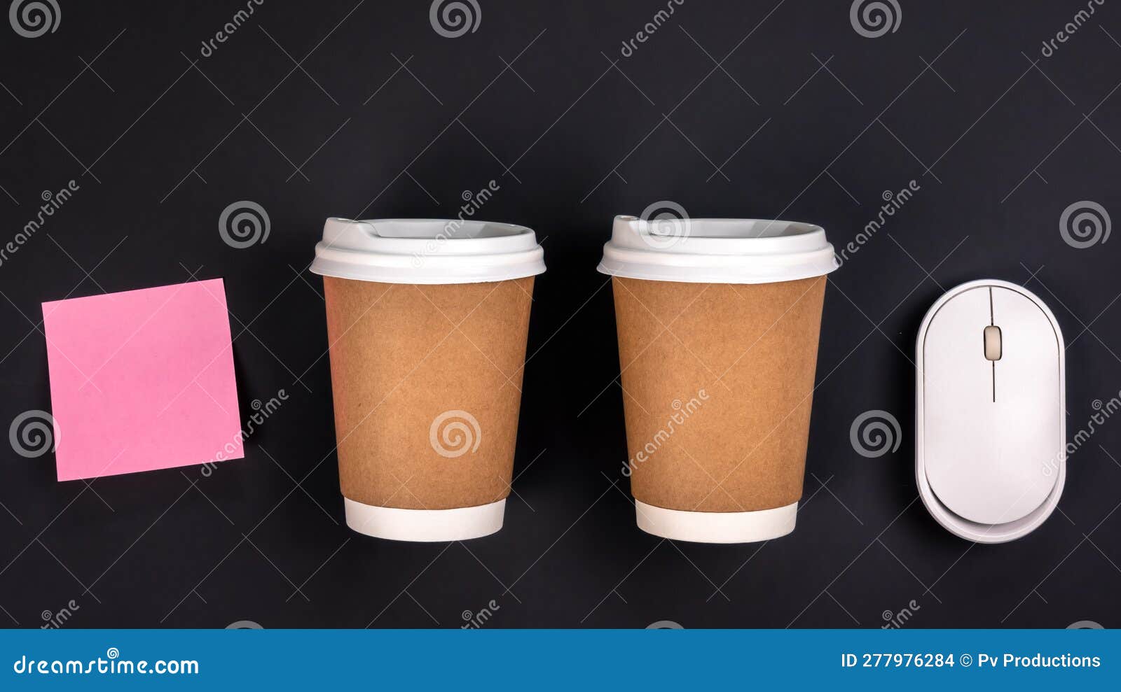 Paper Cups, Computer Mouse and Paper Sticker on a Dark Background, Top ...