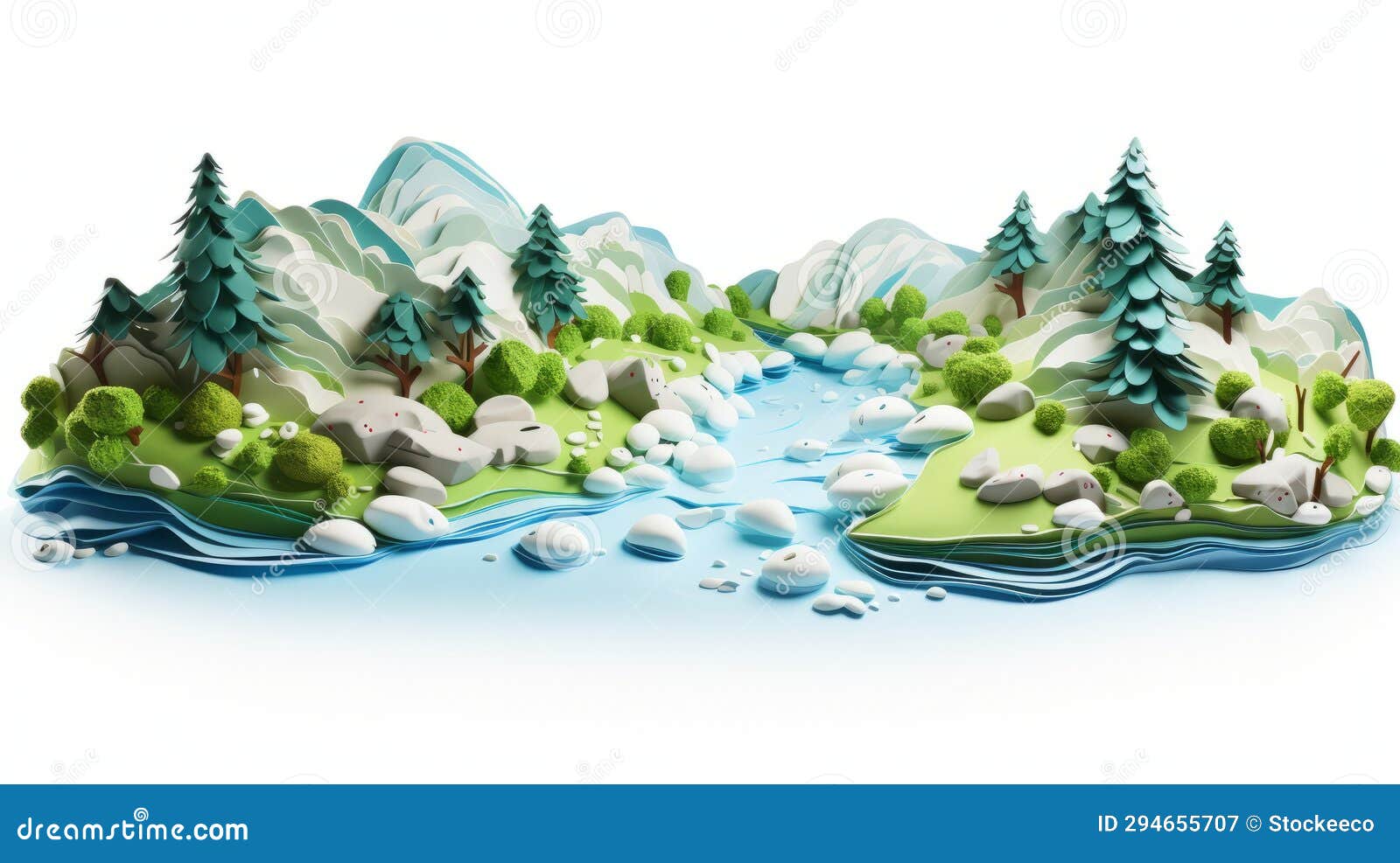 3d River Landscape with Mountains and Trees Stock Illustration ...
