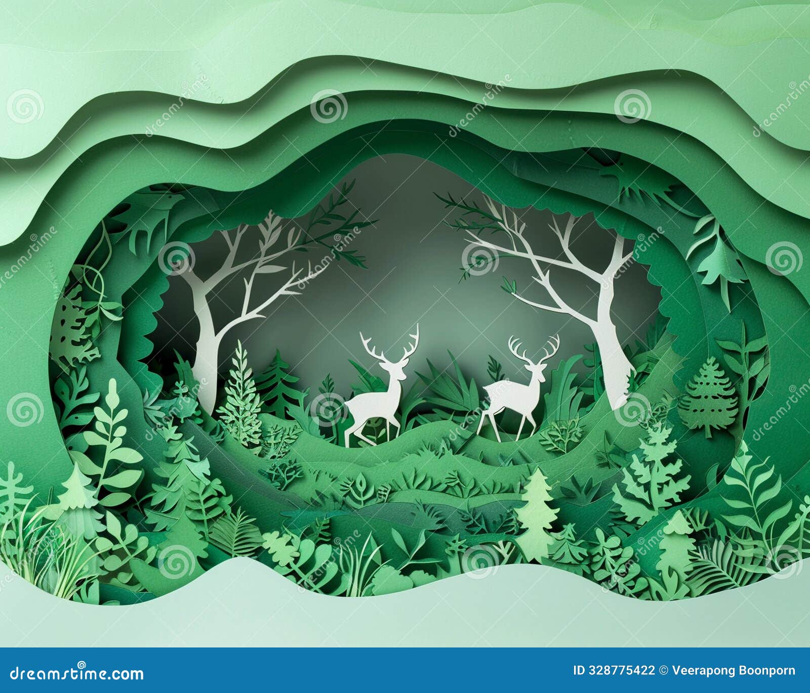 Paper Cut Artwork of a Green Forest Ecosystem with Deer Stock ...