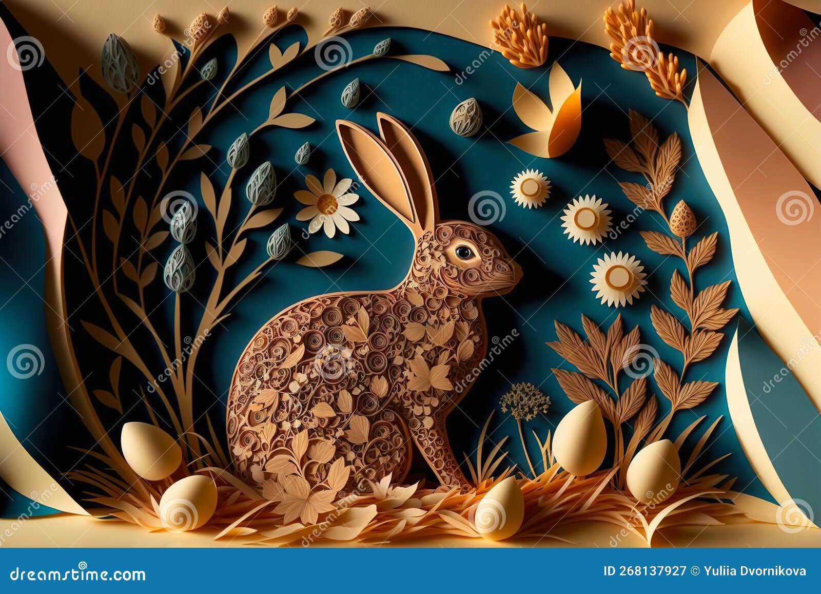 Paper Cut Background with Rabbit and Easter Eggs. Intricate Details ...