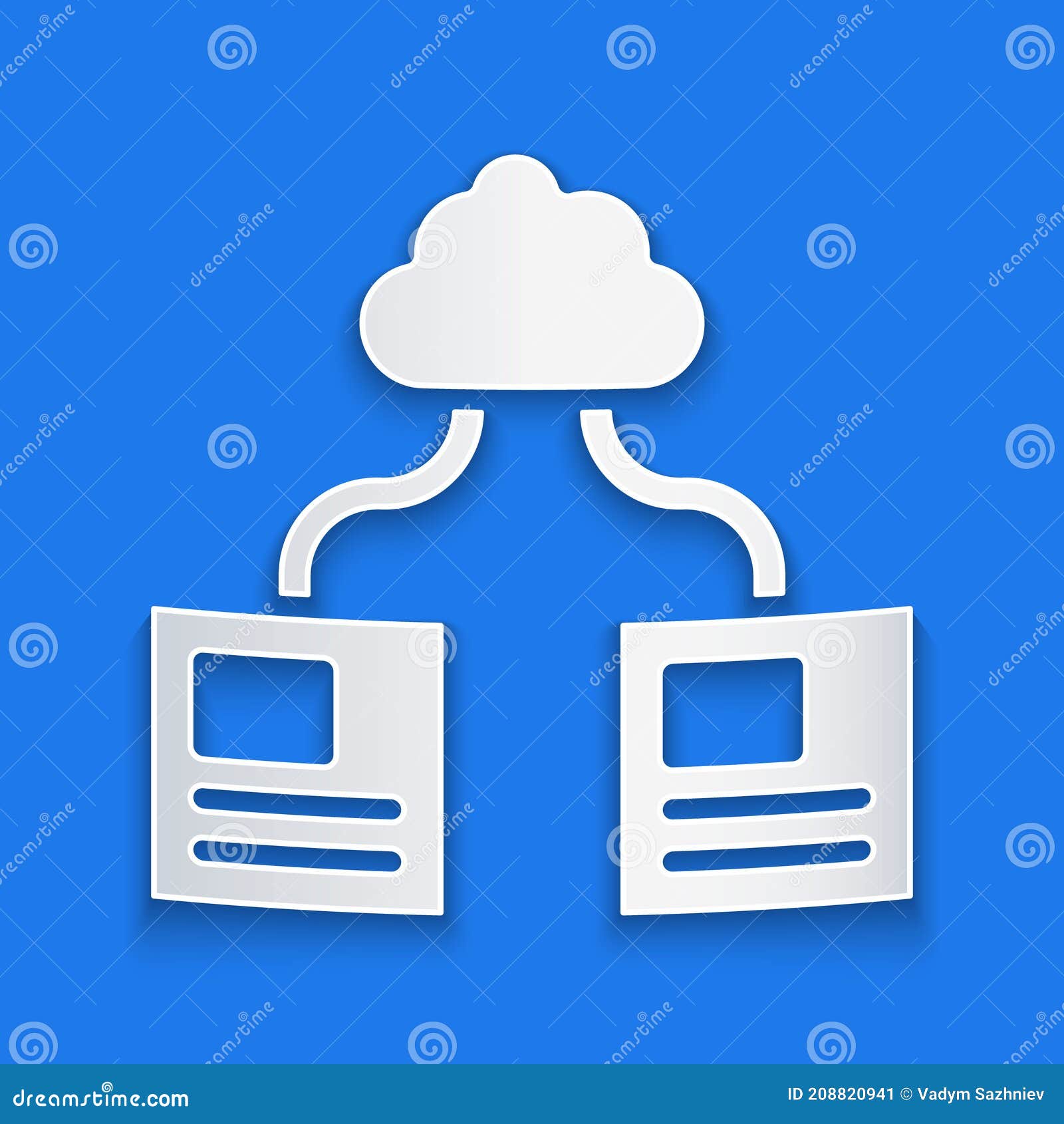 Paper Cut Cloud Technology Data Transfer and Storage Icon Isolated on Blue Background. Paper Art ...