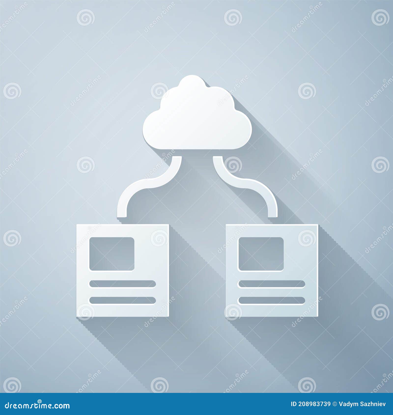 Paper Cut Cloud Technology Data Transfer and Storage Icon Isolated on Grey Background. Paper Art ...