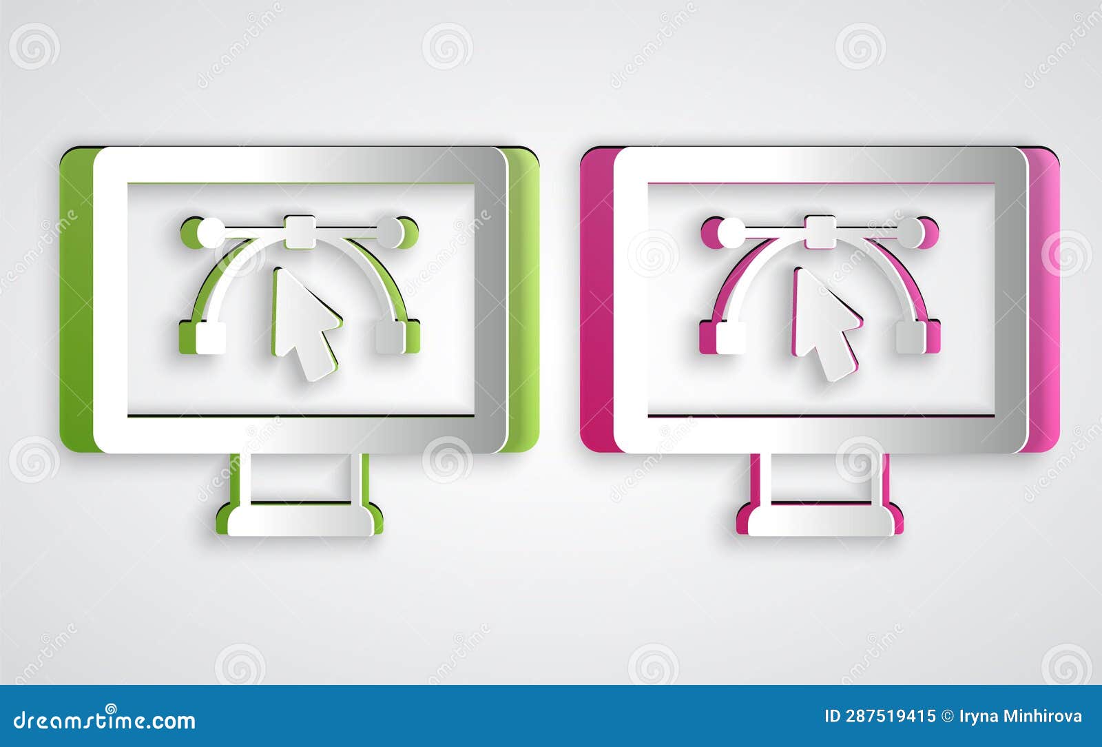 Paper Cut Computer Display with Vector Design Program Icon Isolated on Isolated on Grey ...