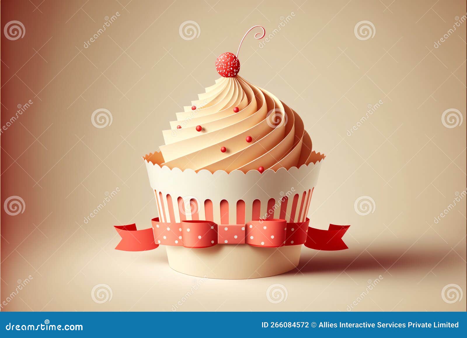 Paper Cut Cupcake Wrapped with Red Dots Ribbon. 3D Stock Illustration ...