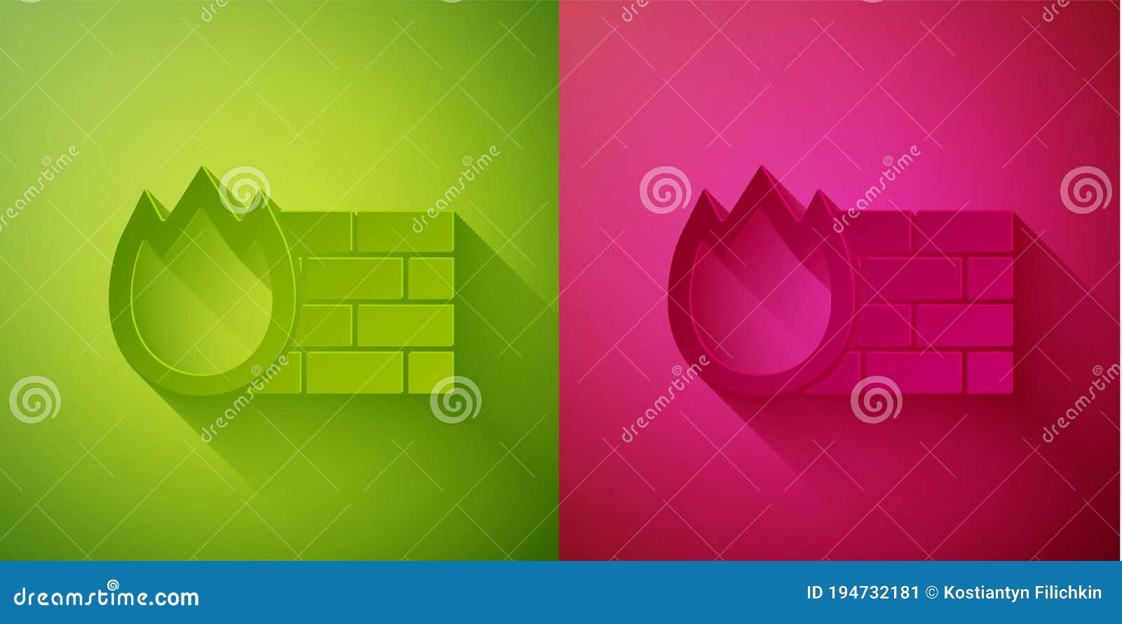 Paper Cut Firewall, Security Wall Icon Isolated on Green and Pink ...