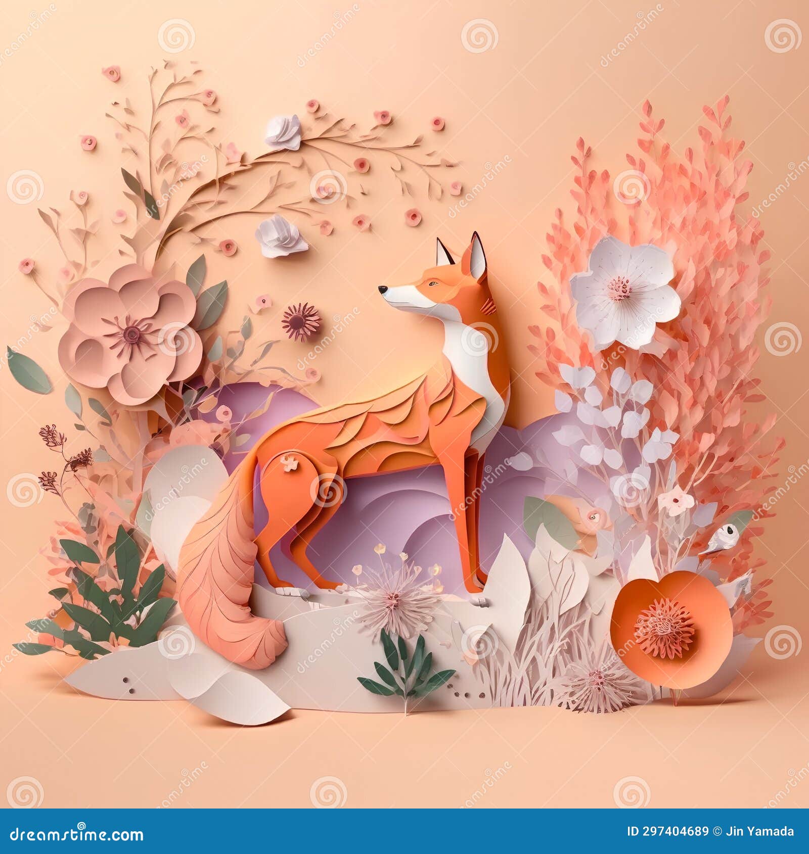 Paper Cut Fox and Flowers Background. Paper Art Style. Vector ...