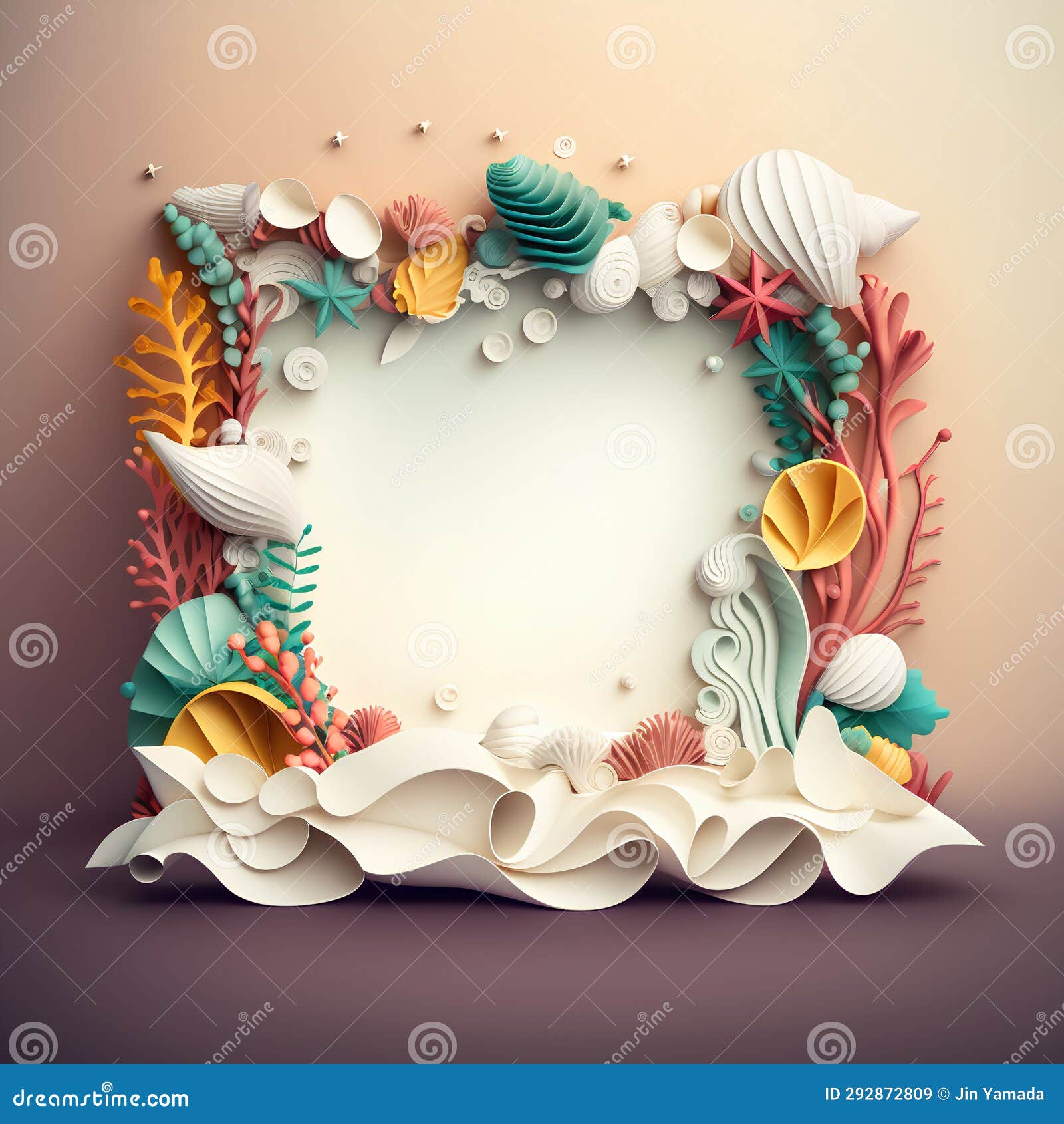 Paper Cut Frame with Seashells. 3d Vector Illustration Stock ...