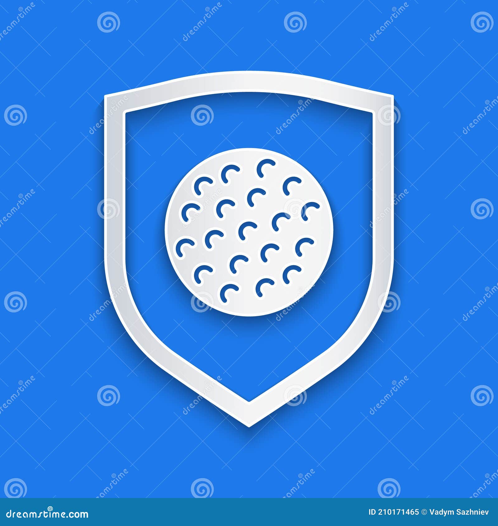 Paper Cut Golf Ball with Shield Icon Isolated on Blue Background. Paper ...