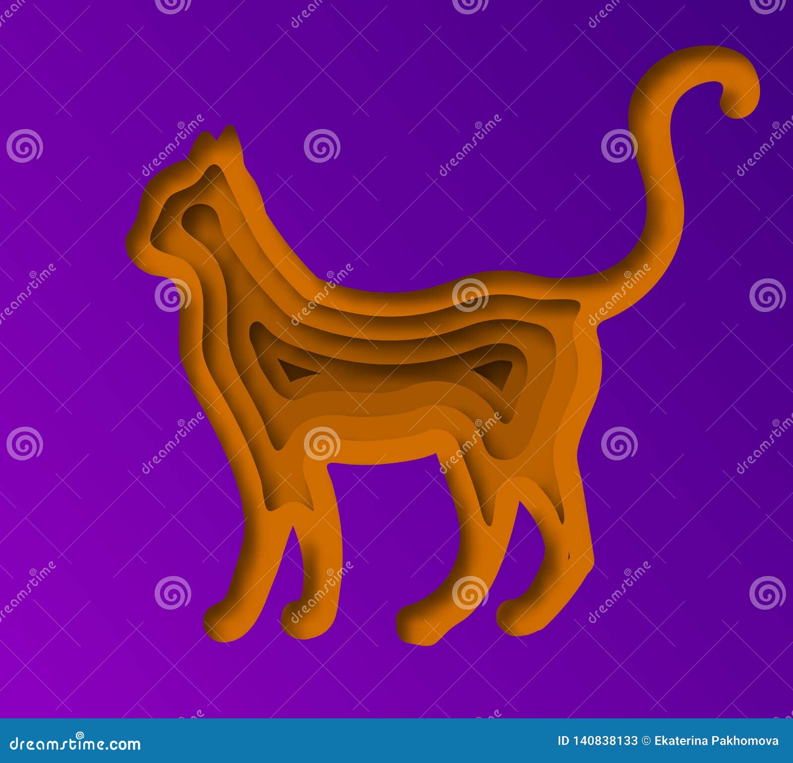Paper Cut Orange Cat Silhouette on Violet Background. Stock Vector ...