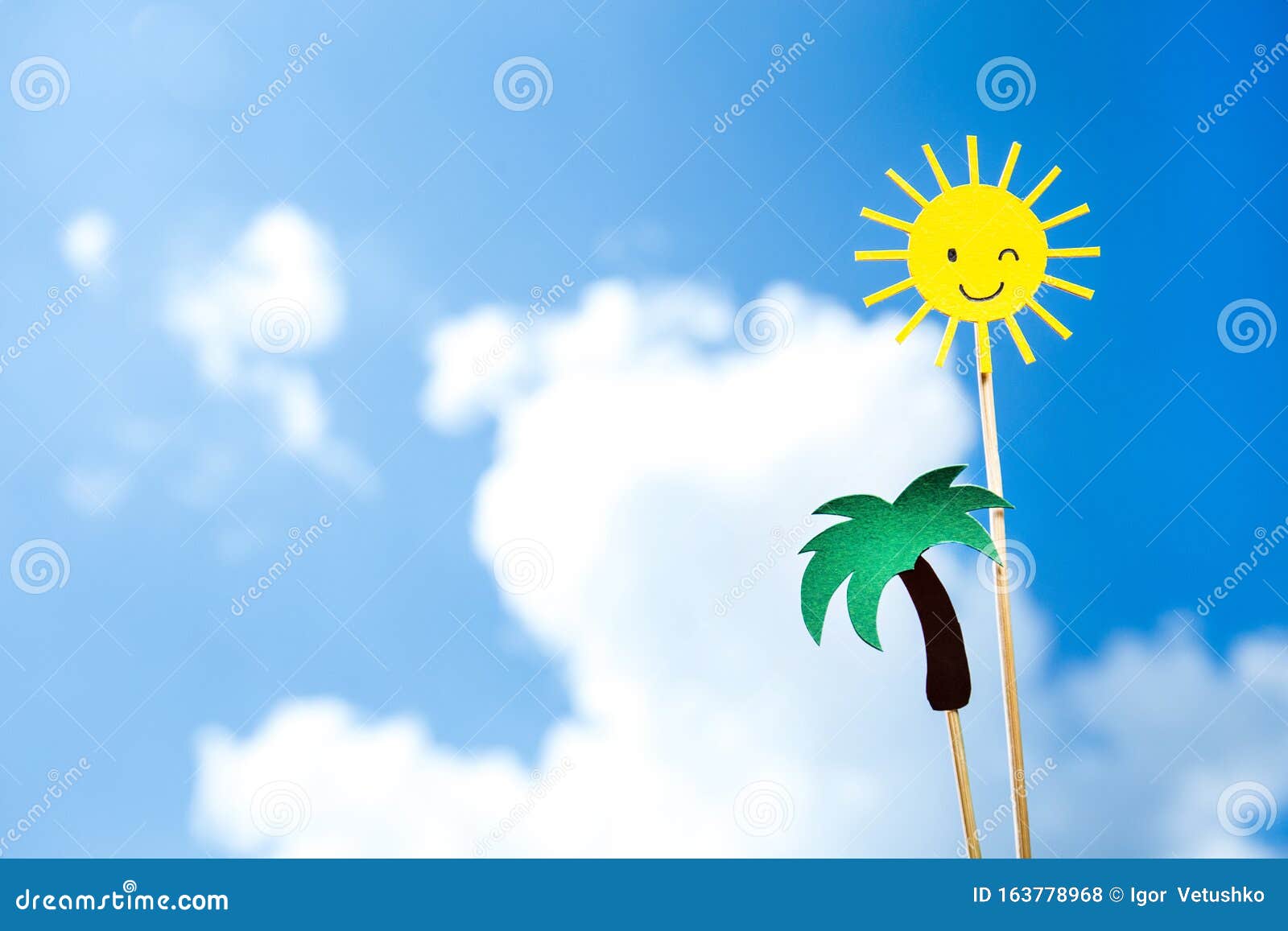 Paper Cut Palm Tree, Winking Sun on Sticks Stock Photo - Image of ...
