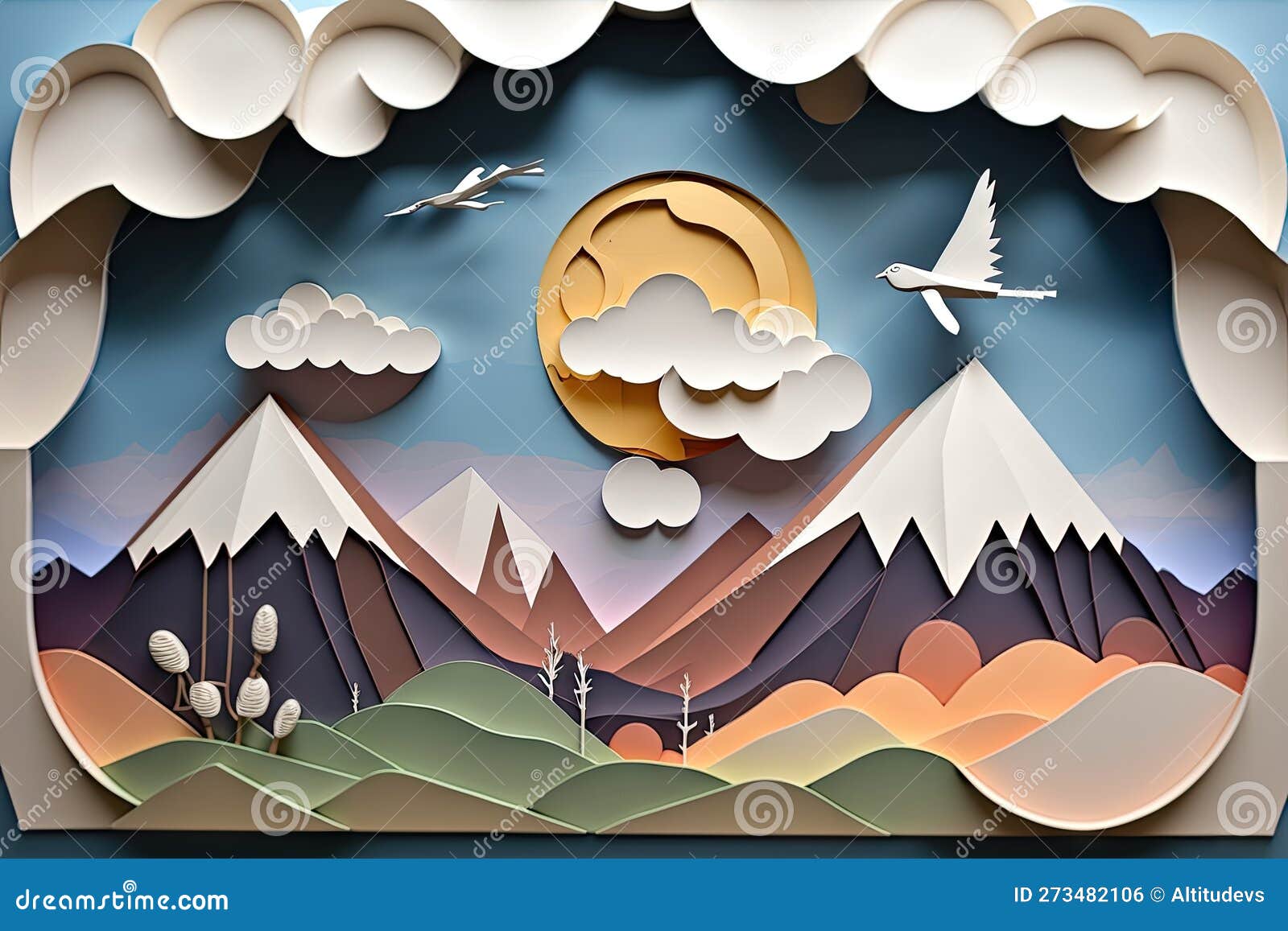 Paper Cut Scene with Mountain Range and Clouds in the Sky Stock ...