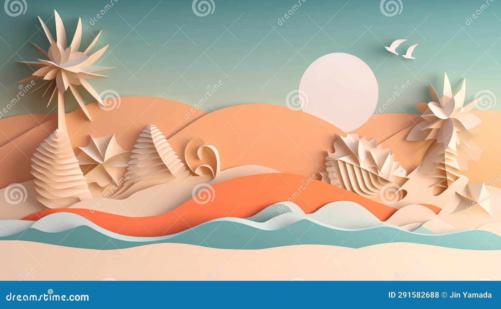 Paper Cut Seascape. Paper Art Style. Vector Illustration Stock ...