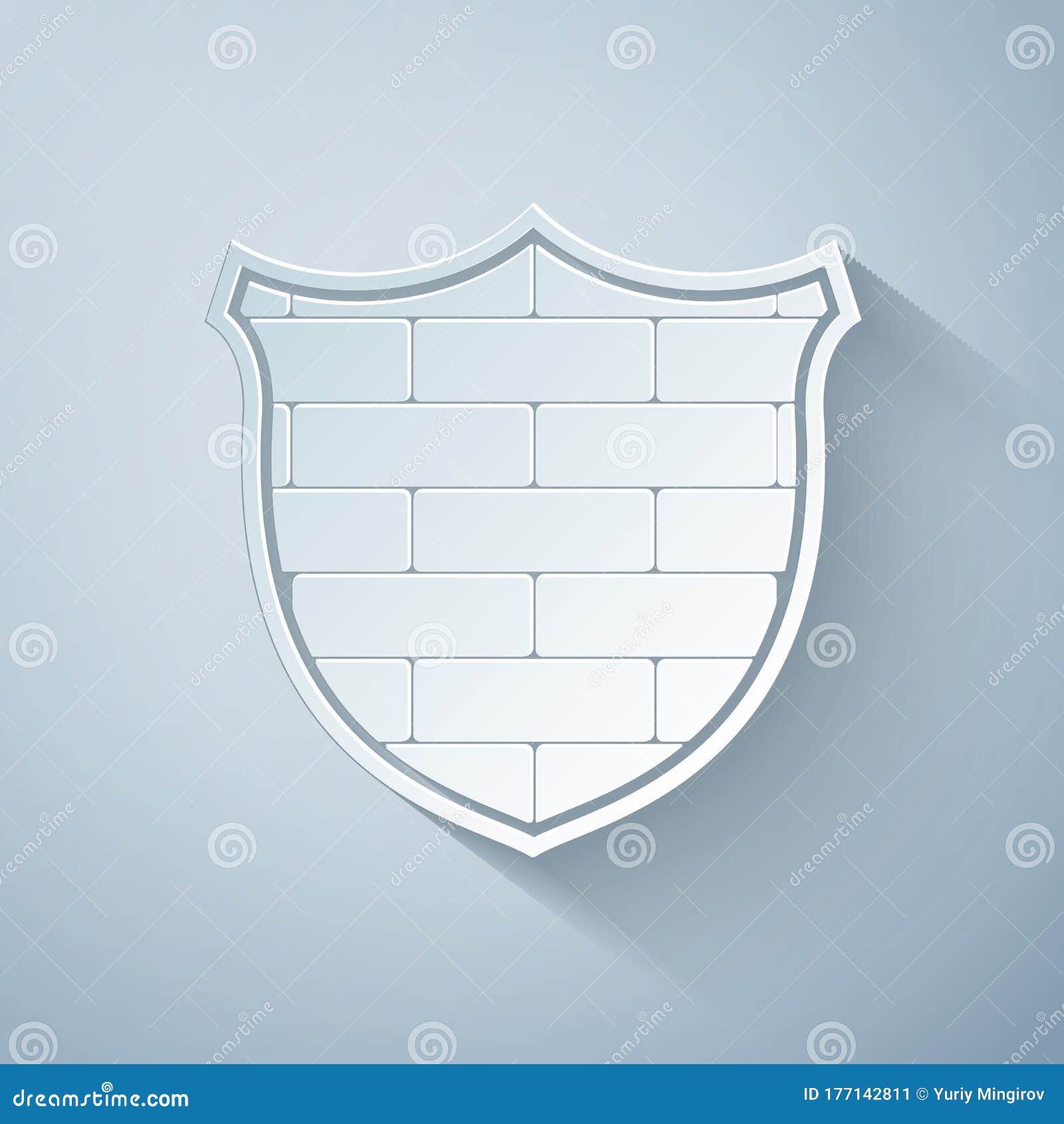 Paper Cut Shield with Cyber Security Brick Wall Icon Isolated on Grey ...