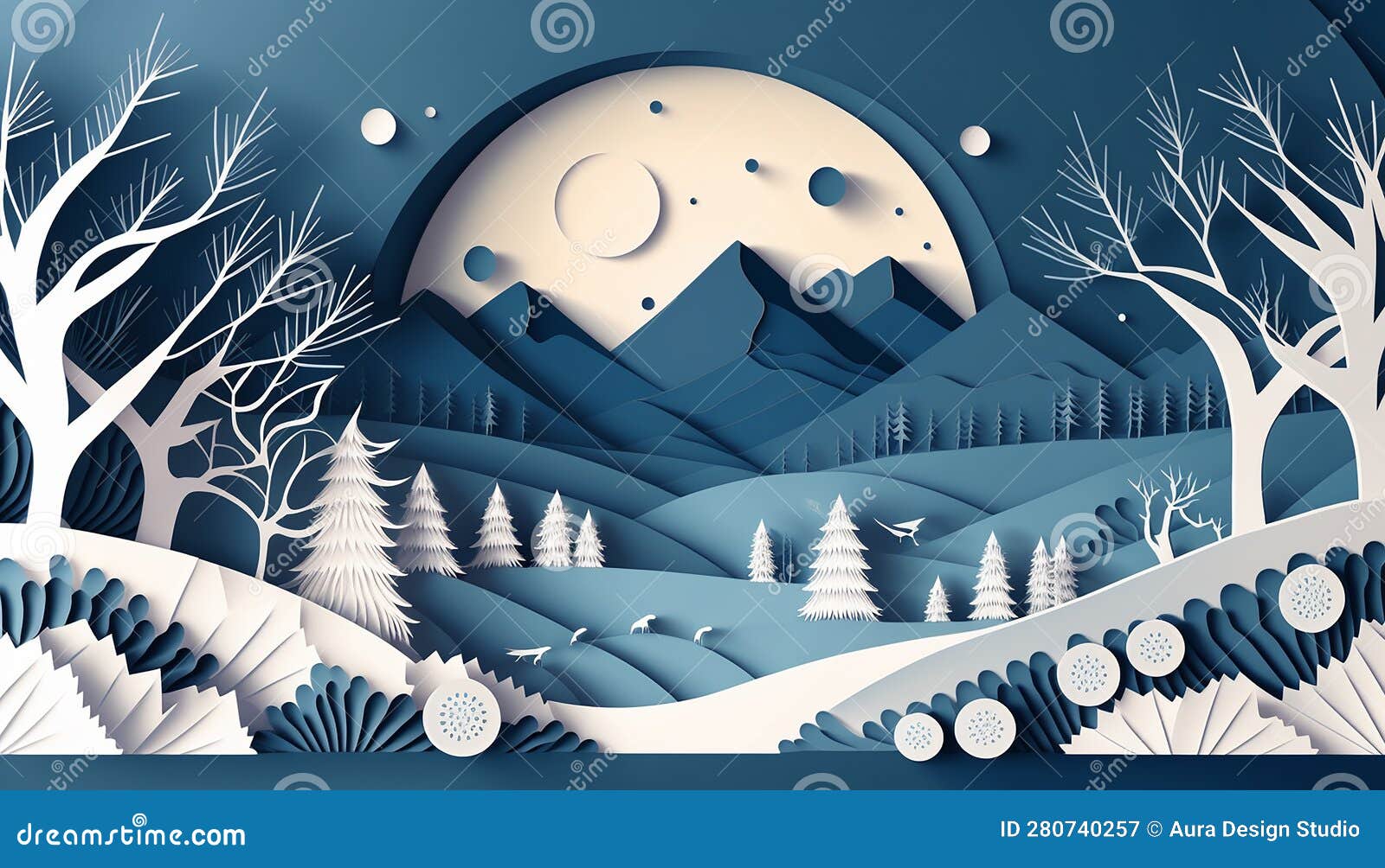 Paper Cut Style Illustration of Winter Landscape. Stock Image - Image ...