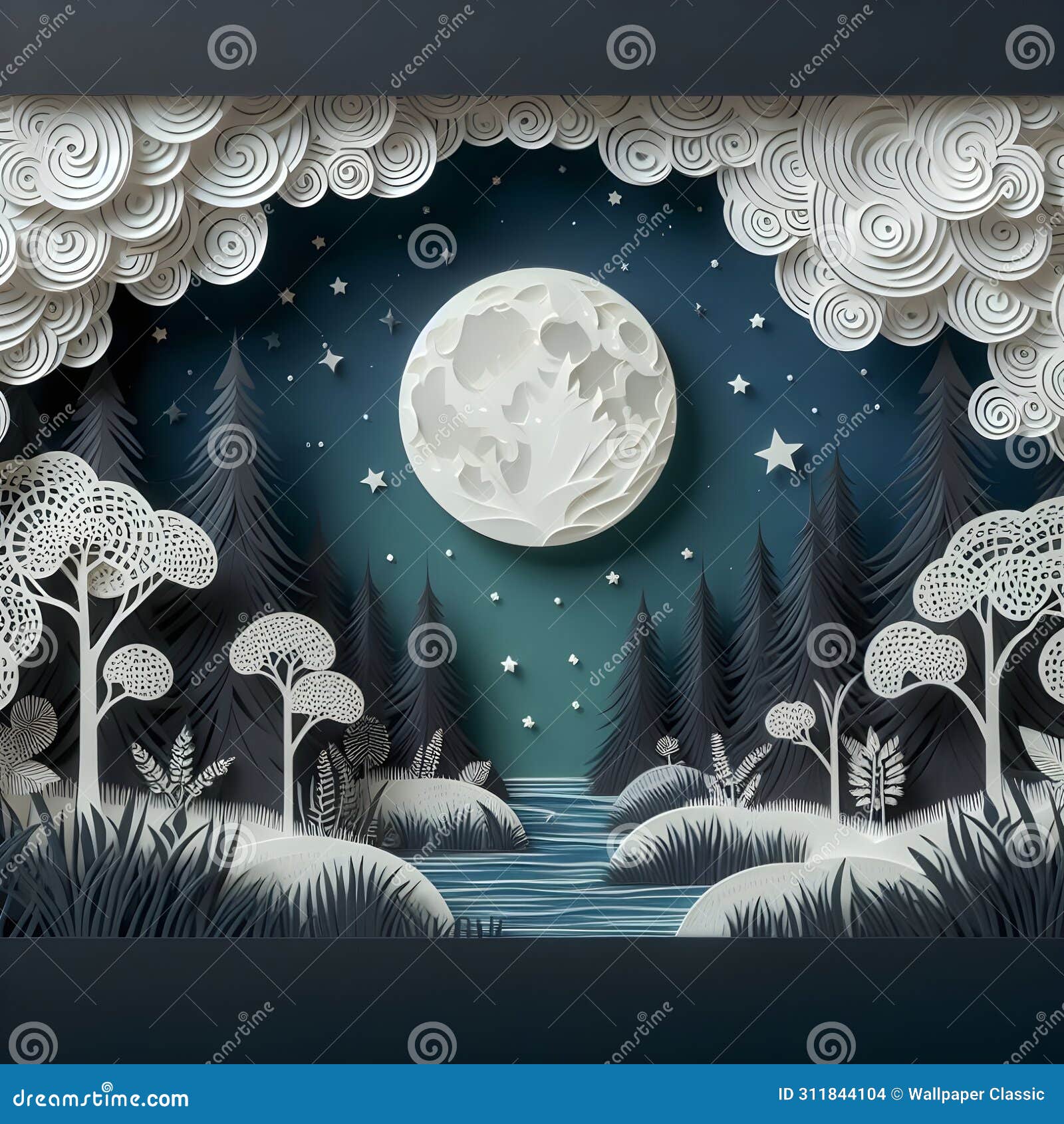 Paper Cutout Forest Dark Landscape Moon Ai Generator Stock Photo ...