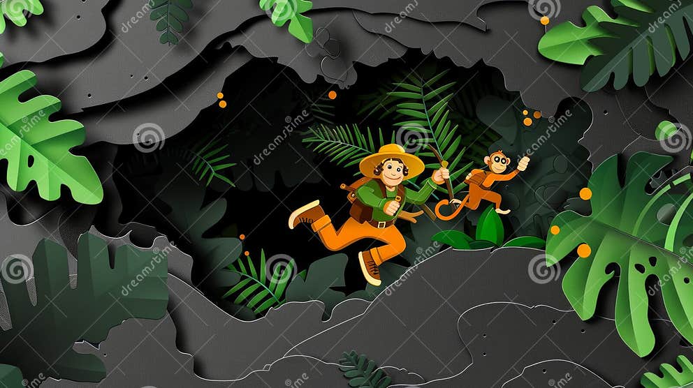 Paper-cutout Monkey Explorer, Wearing a Hat and Backpack, Runs through ...