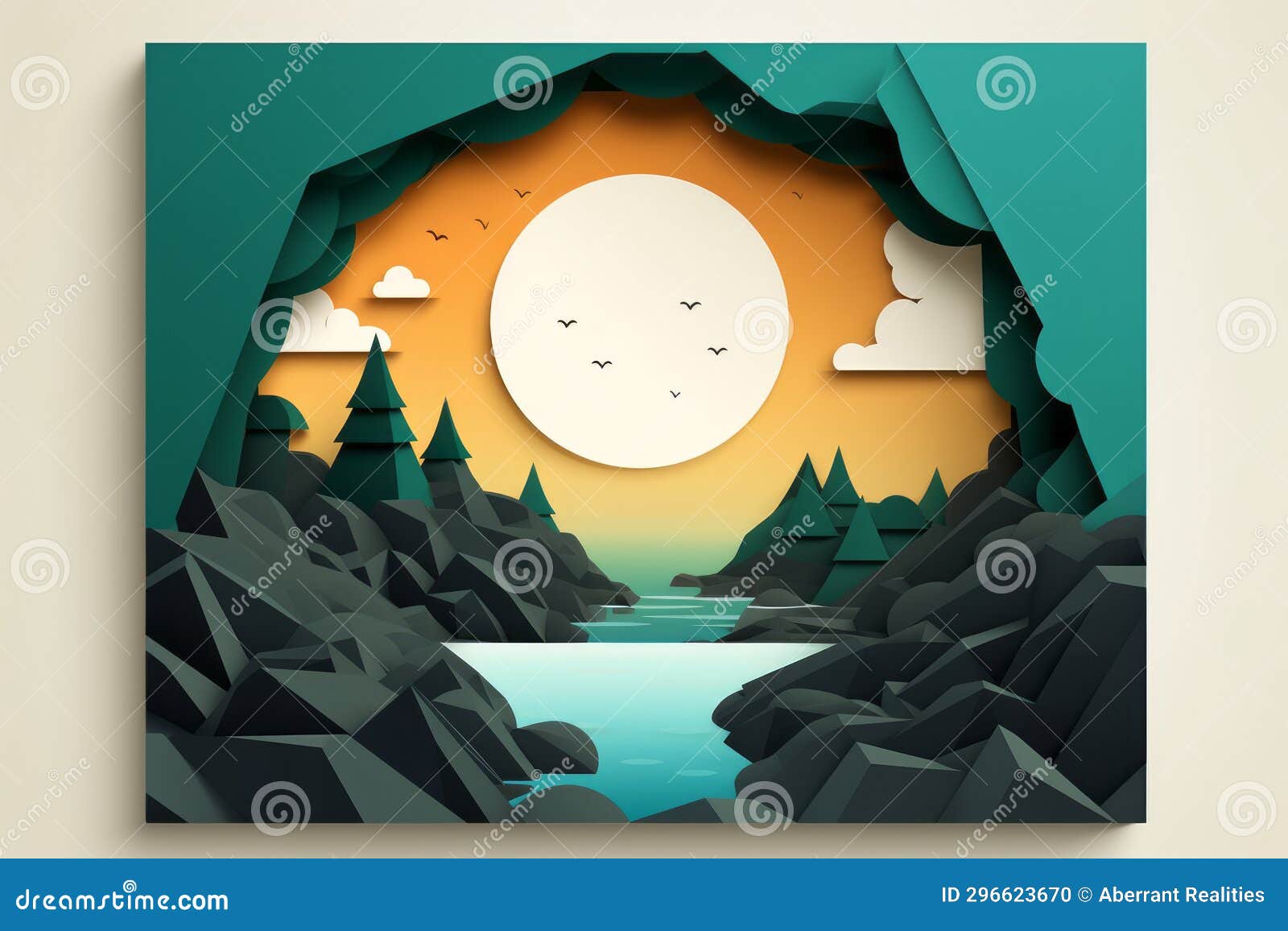 A Paper Cutout of a Mountain Landscape with Trees and a River Stock ...