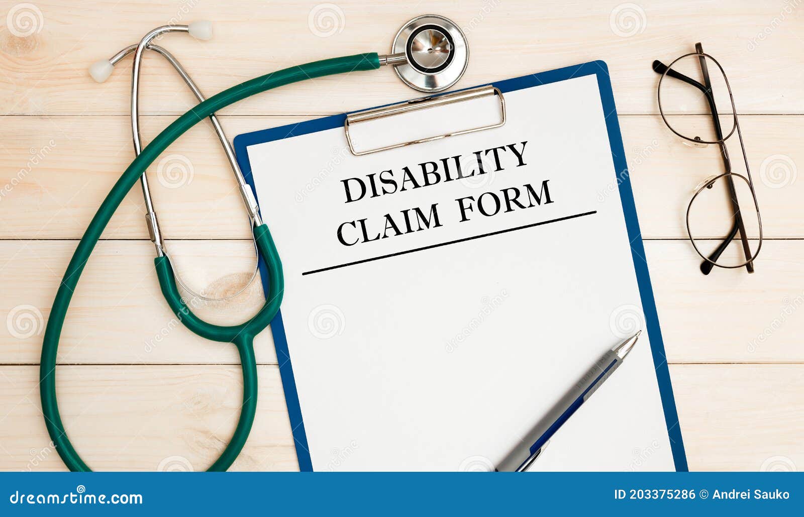 Paper with Disability Claim Form on a Table, Stethoscope and Glasses ...