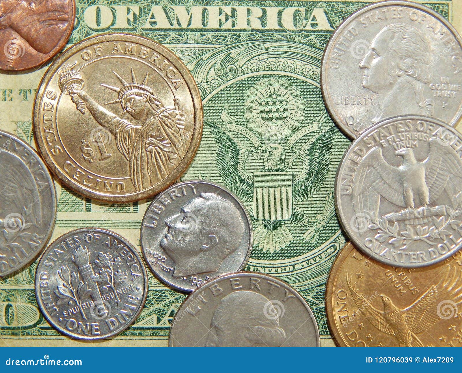 Paper dollar with US coins stock image. Image of currency - 120796039