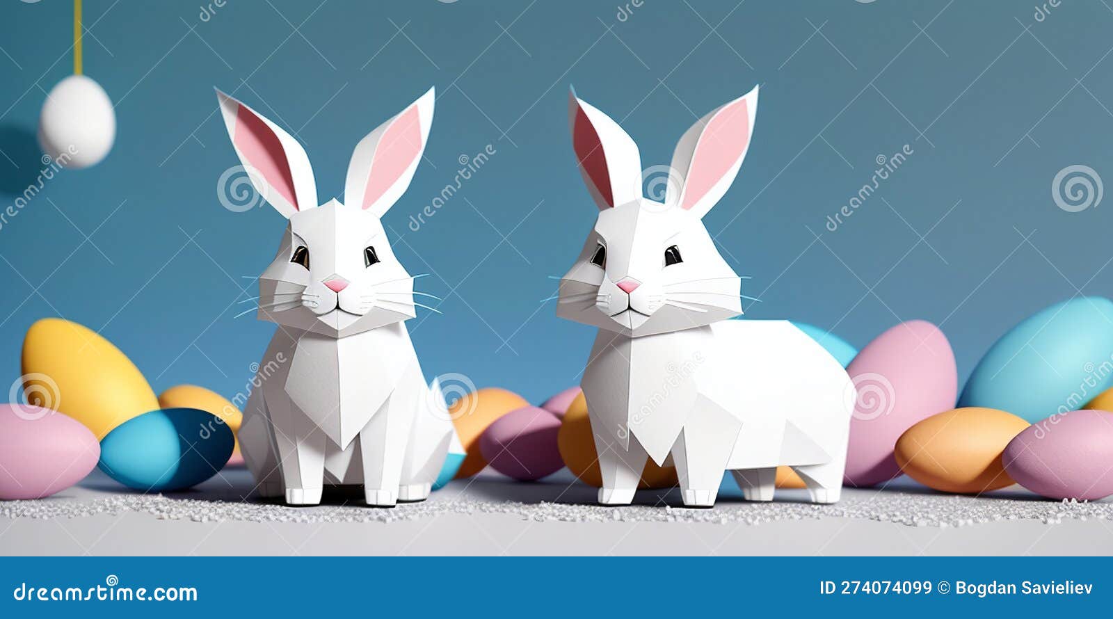 Paper Easter Bunnies Stand in Front of Easter Eggs. Stock Illustration ...