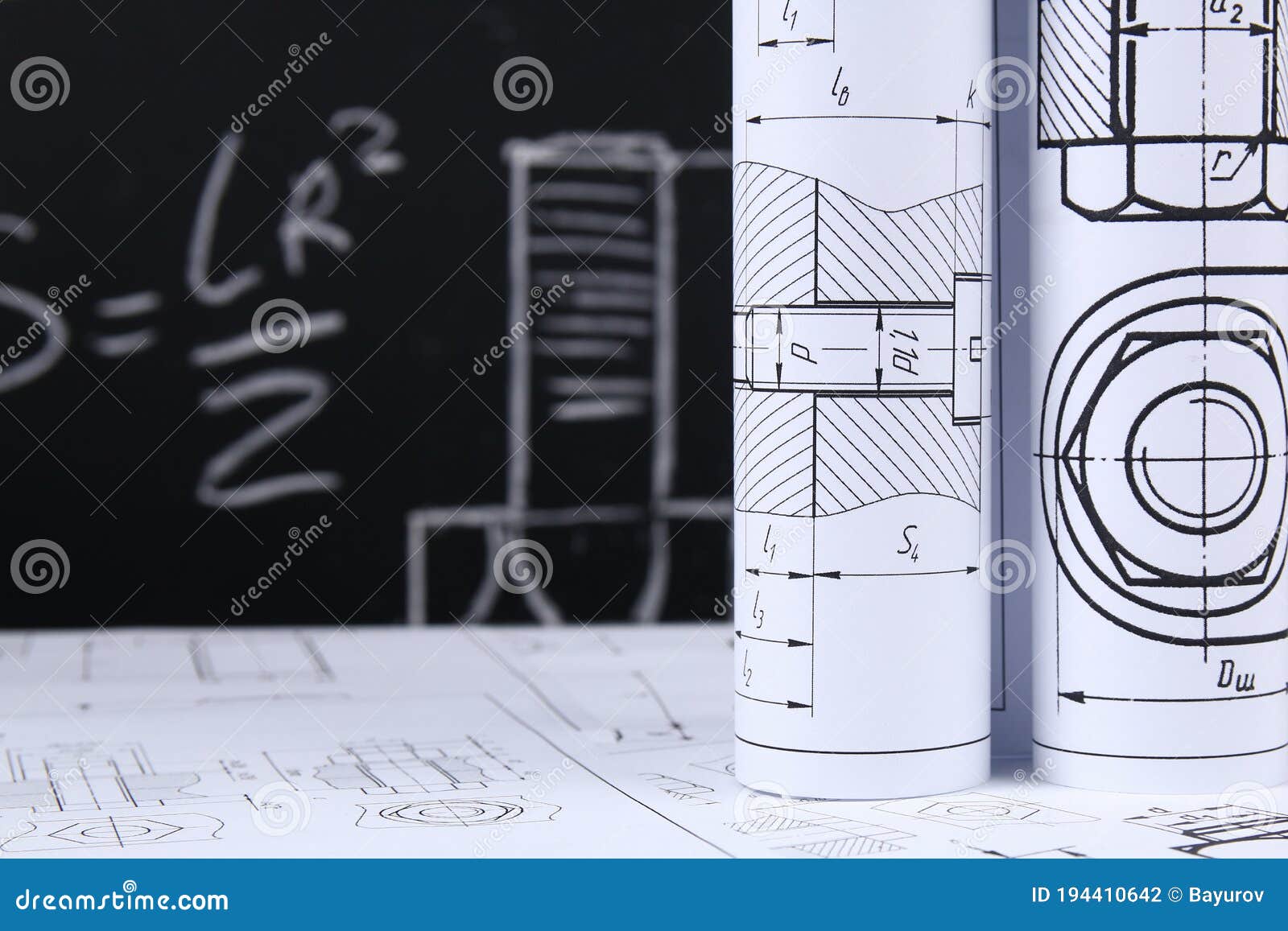 Paper Engineering Drawings Of Bolt And Nut On Blackboard Background ...