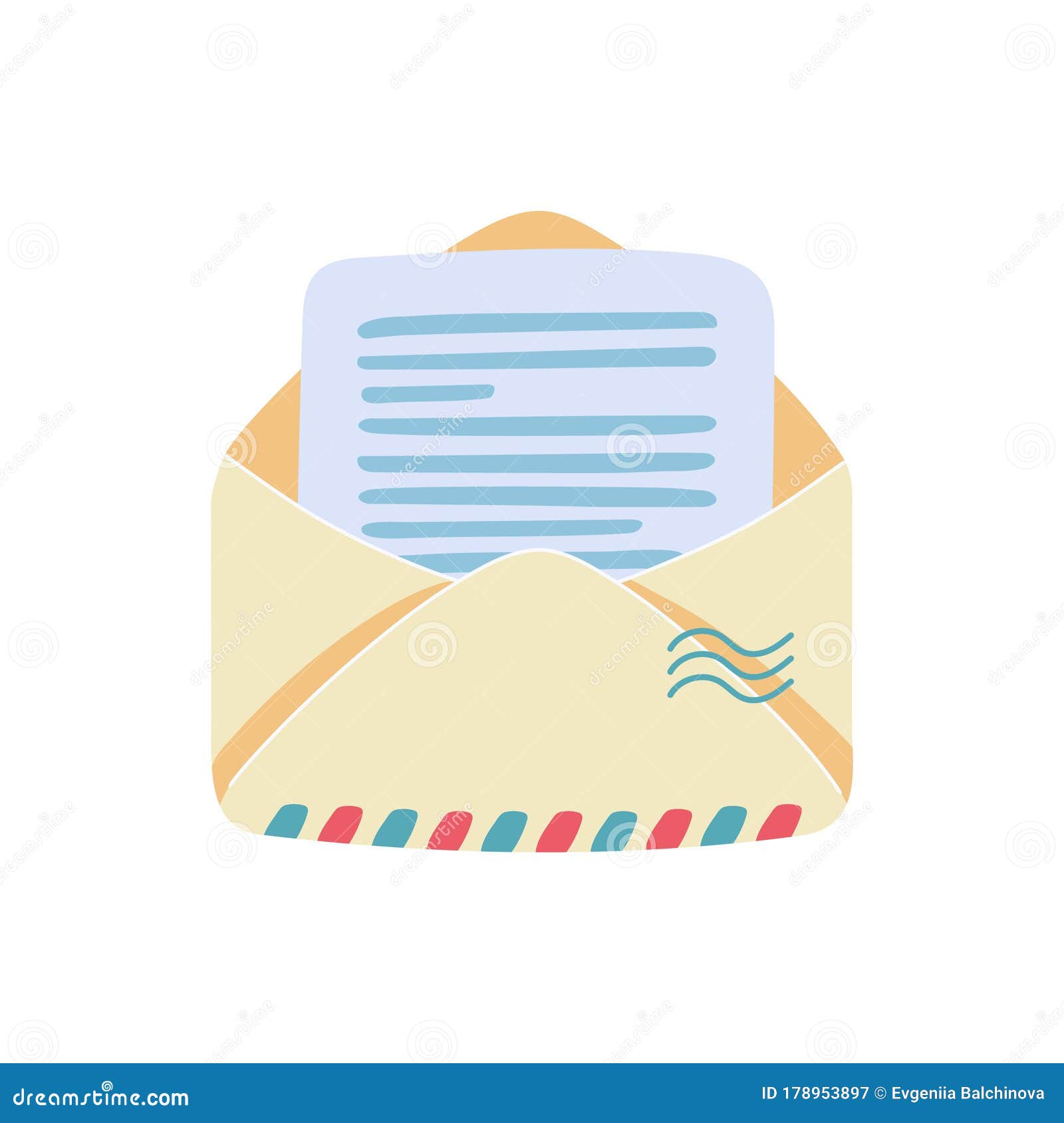 Paper Envelope with Air Mail Stripes, Postal Stamp, and Letter or Note ...