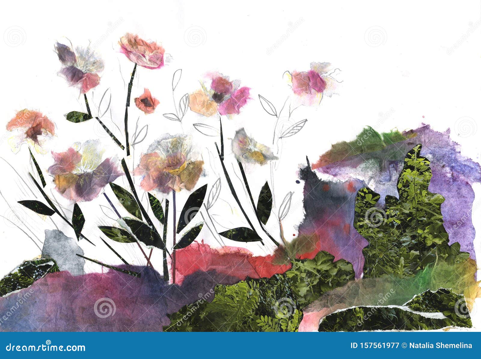 Paper Flowers, Wild Flowers in the Forest, Collage Stock Illustration ...
