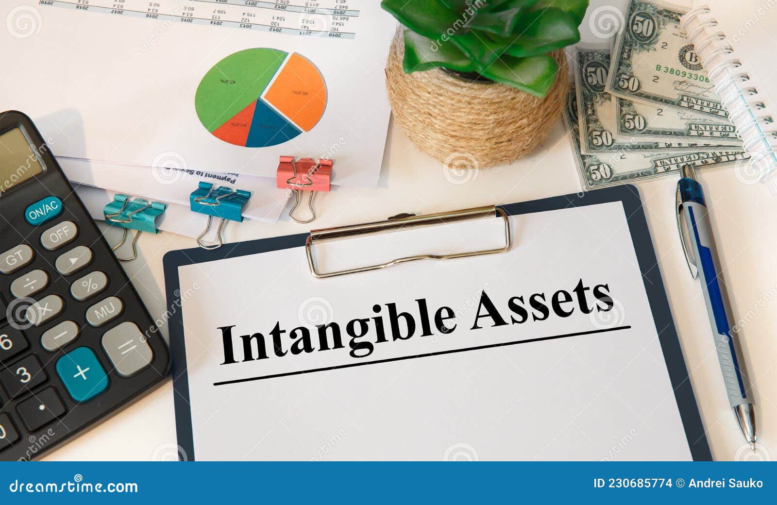 Paper with Intangible Assets on the Table, Calculator and Money Stock ...
