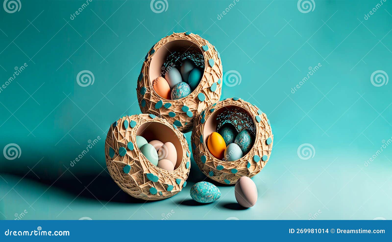 Easter Egg Straw Nest on Turquoise Background and Copy Space for Easter ...