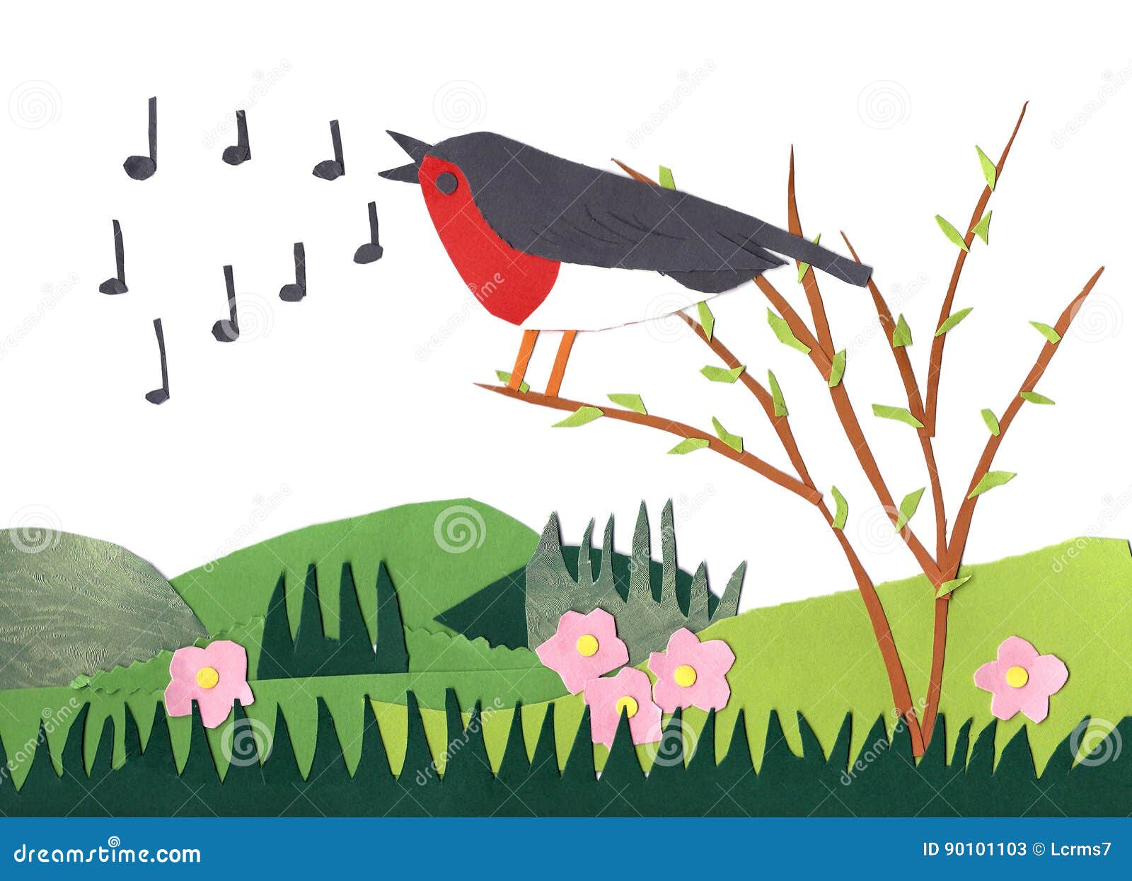 Paper Made European Robin Bird Siging Notes in a Bush. Springtime Stock ...
